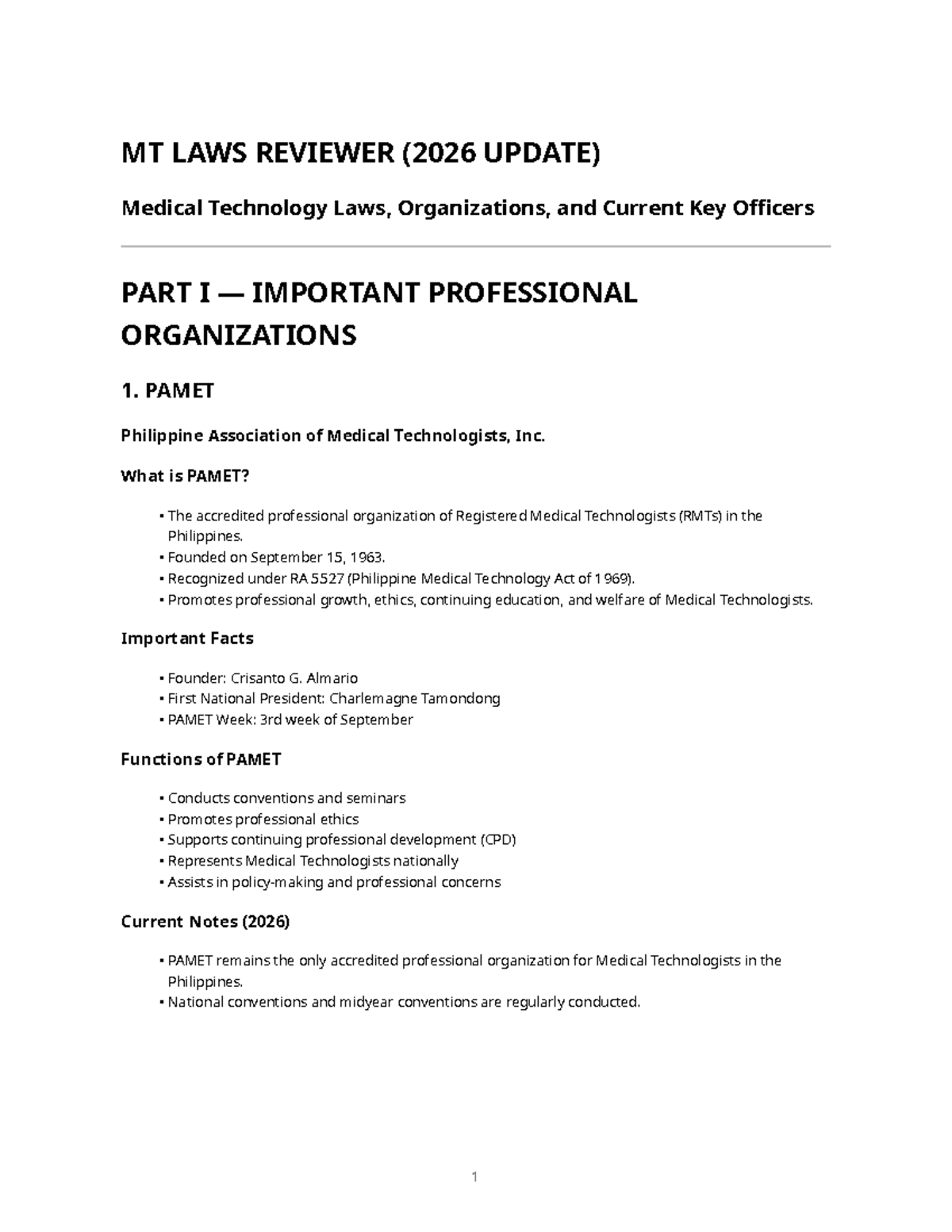 MT LAWS REVIEWER (2026) - PAMET & PASMETH Overview - Studocu