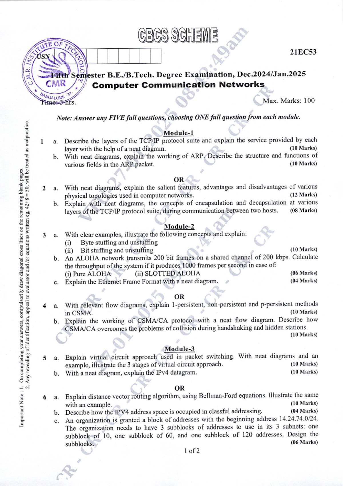21EC53 C.M.R. Fifth Sem Exam: Computer Communication Networks - Studocu