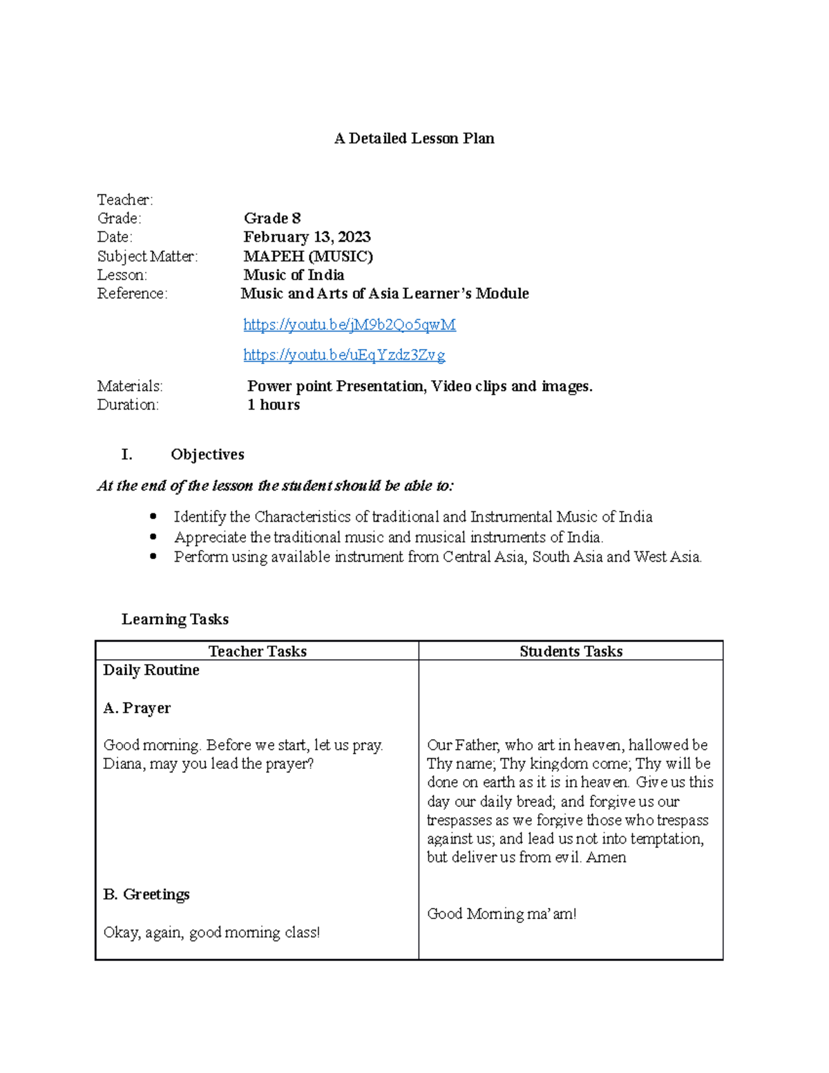 Music of india Grade 8 - A Detailed Lesson Plan Teacher: Grade: Grade 8 ...