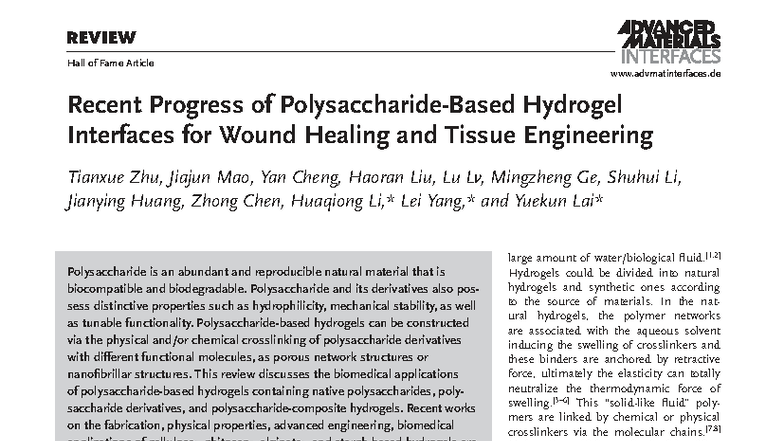 Recent Advances in Polysaccharide Hydrogel Interfaces for Wound Healing ...