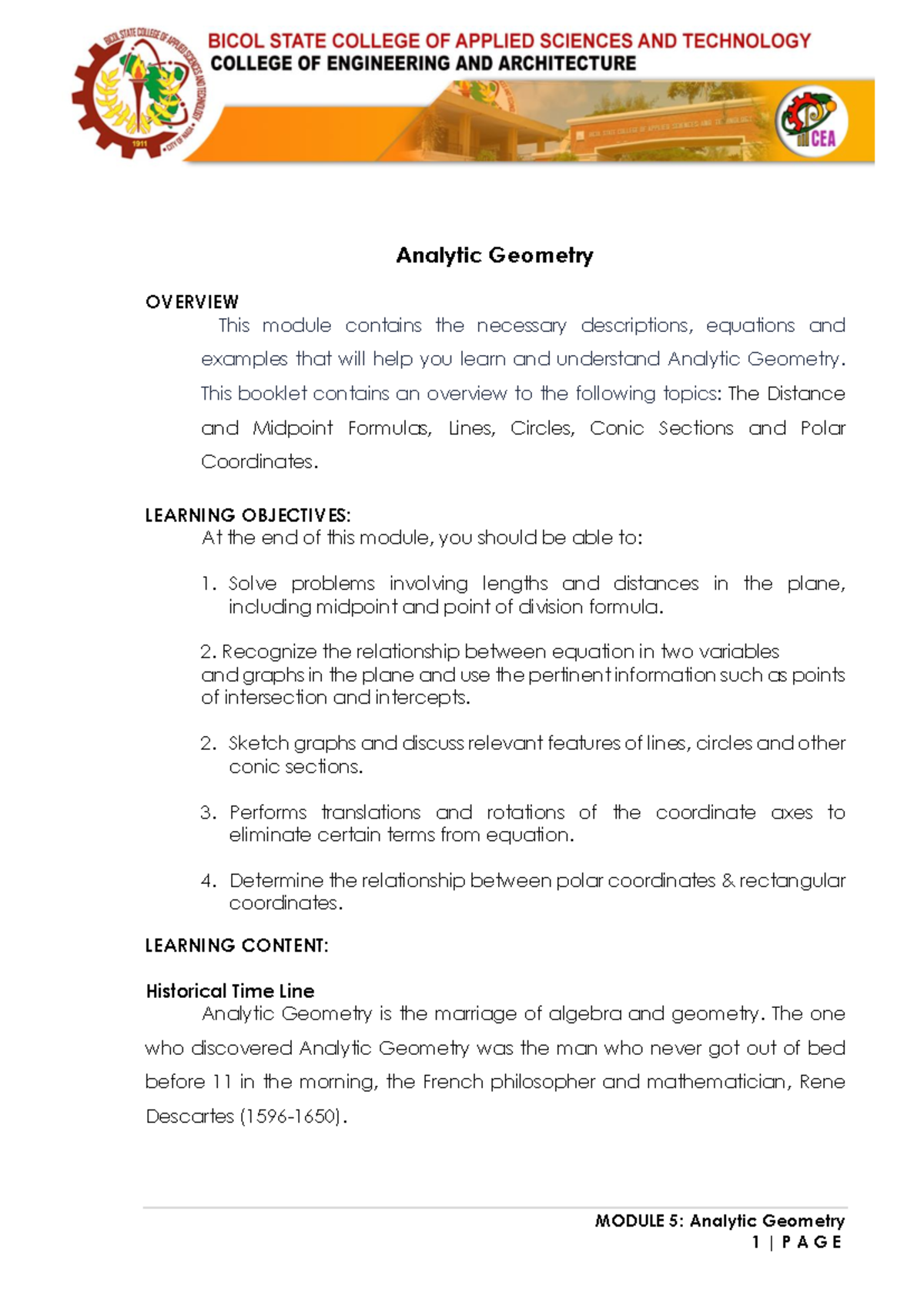 Module 5: Overview and Concepts of Analytic Geometry - Studocu
