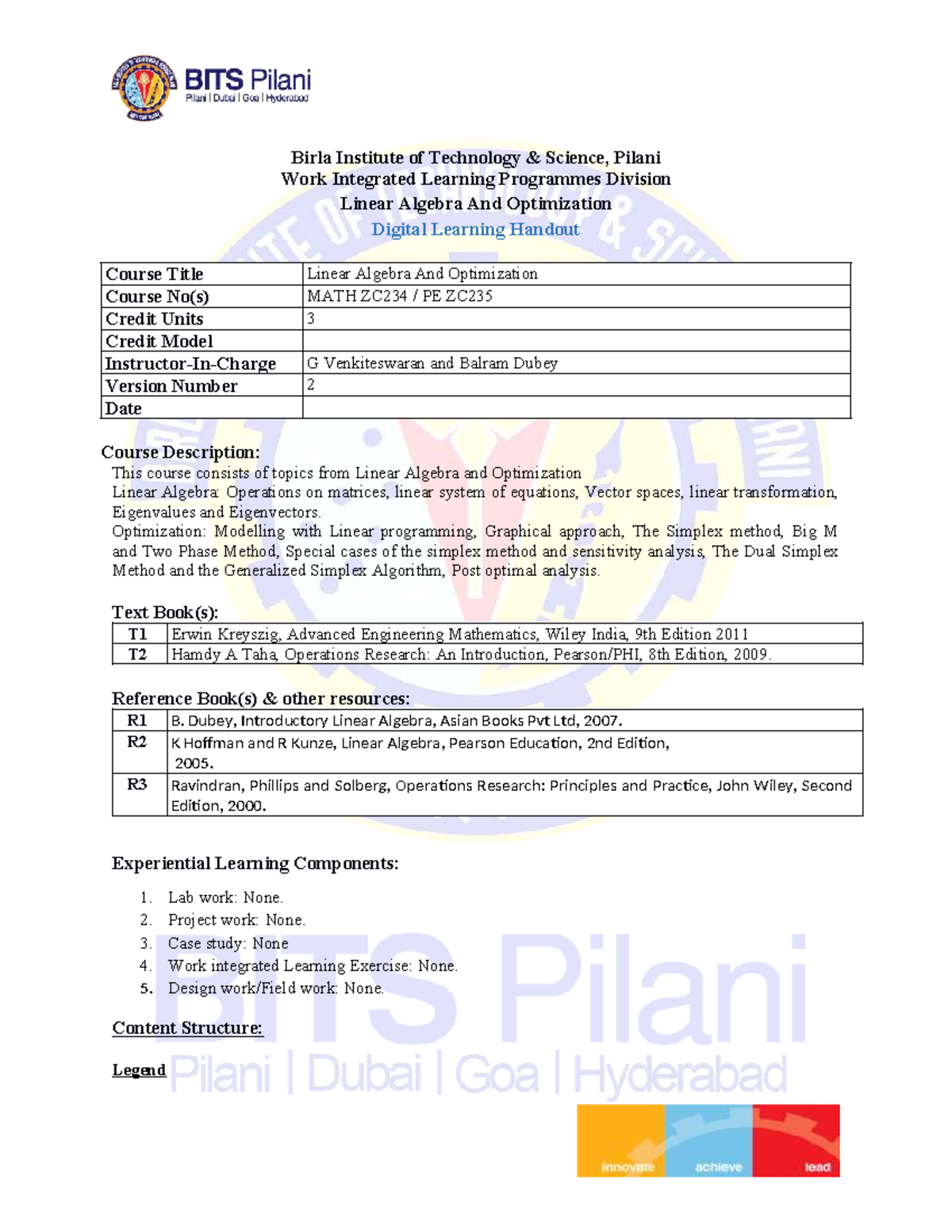 Linear Algebra and Optimization Syllabus (MATH ZC234) - Studocu