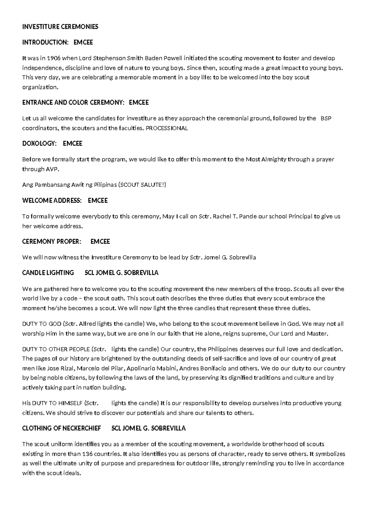 Investiture Ceremony 2: Emcee Script for Boy Scouts - Studocu