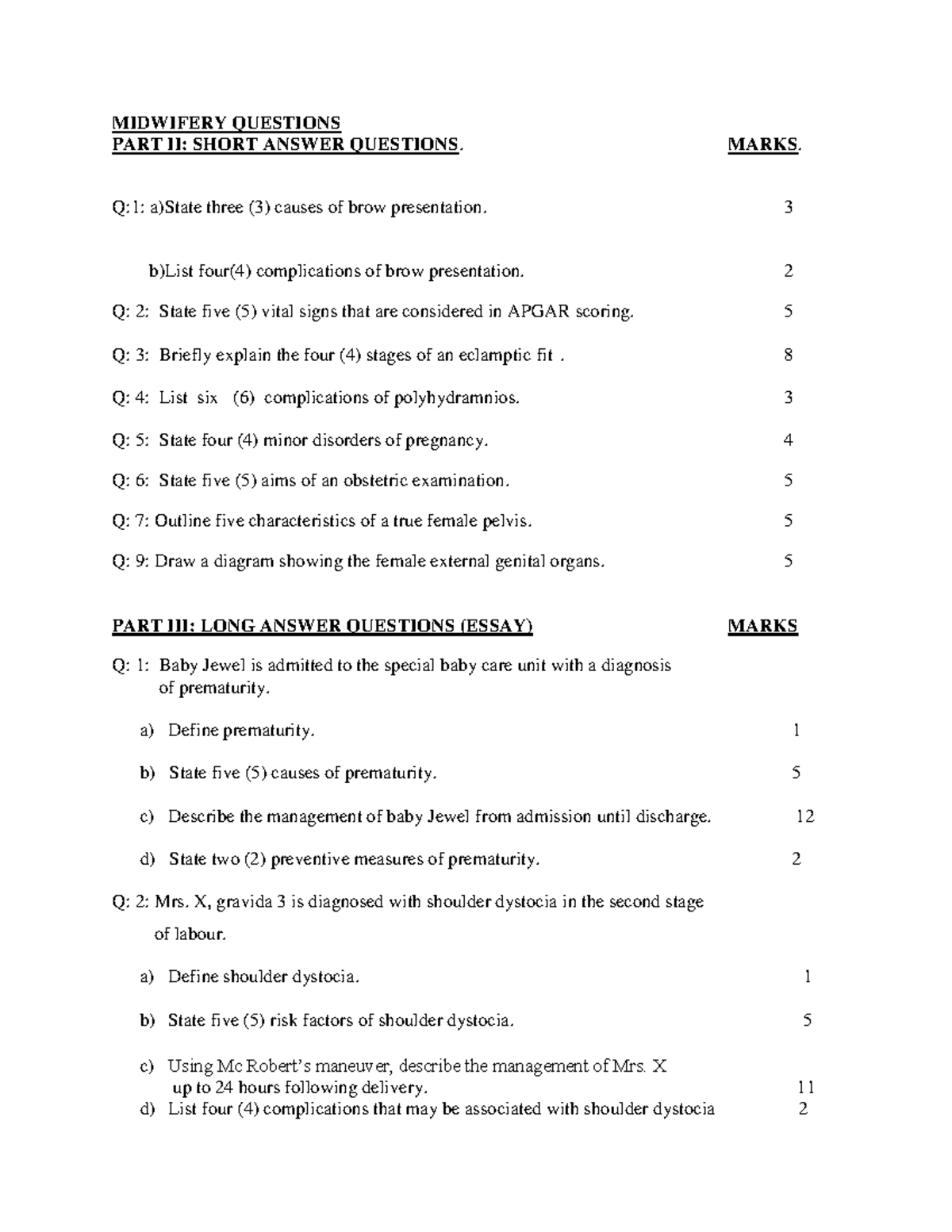 Midwifery Revision Questions for Final Exam (MWF 101) - Studocu