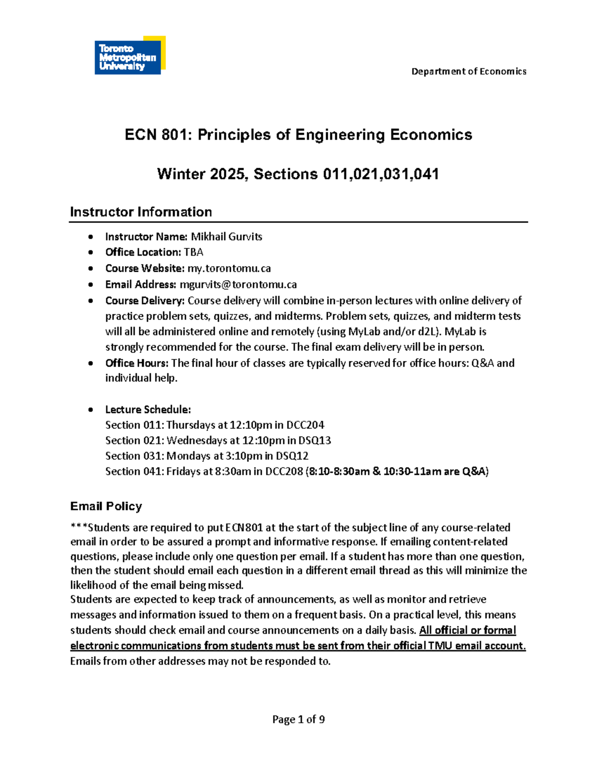 ECN 801 Course Outline: Principles of Engineering Economics Winter 2025 ...