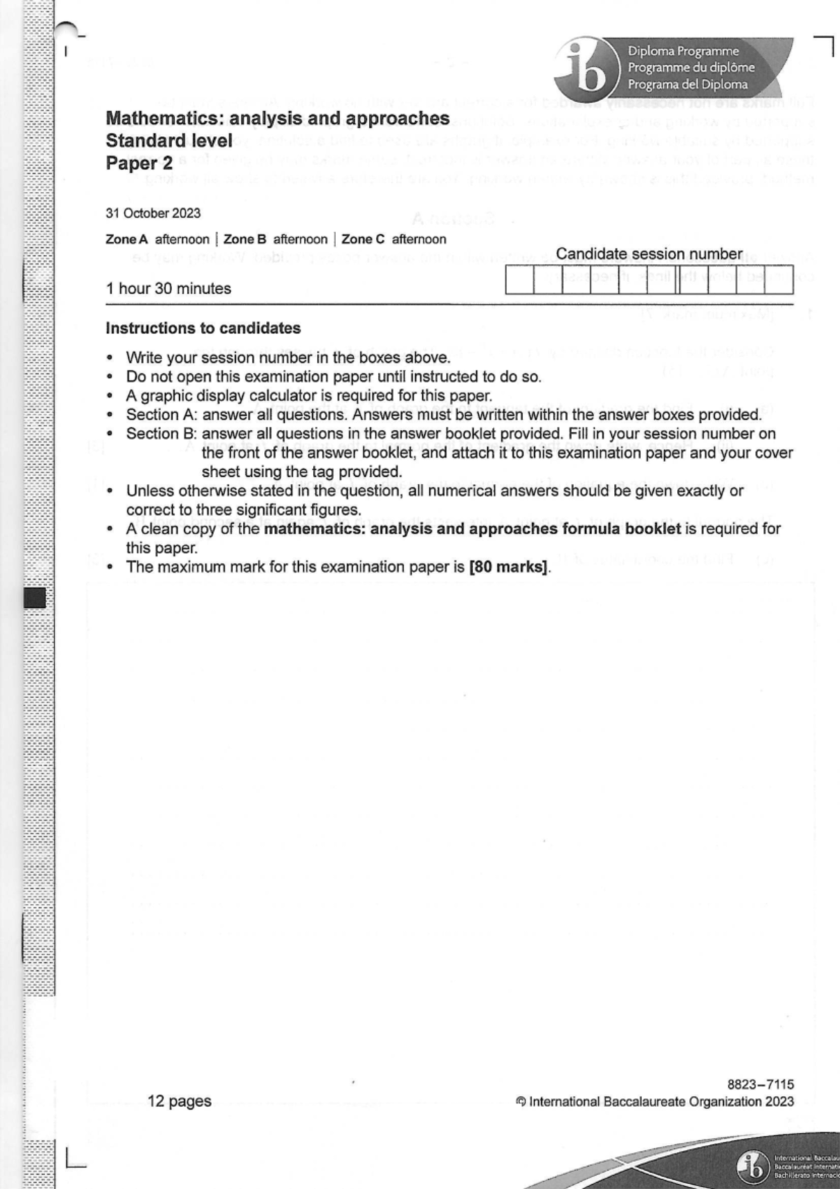 Mathematics: Analysis and Approaches SL Paper 2 TZ0 Exam Notes - Studocu
