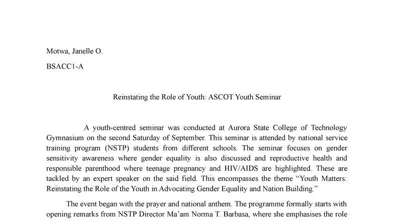 ASCOT NSTP Seminar: Reinstating Youth's Role in Gender Equality - Studocu