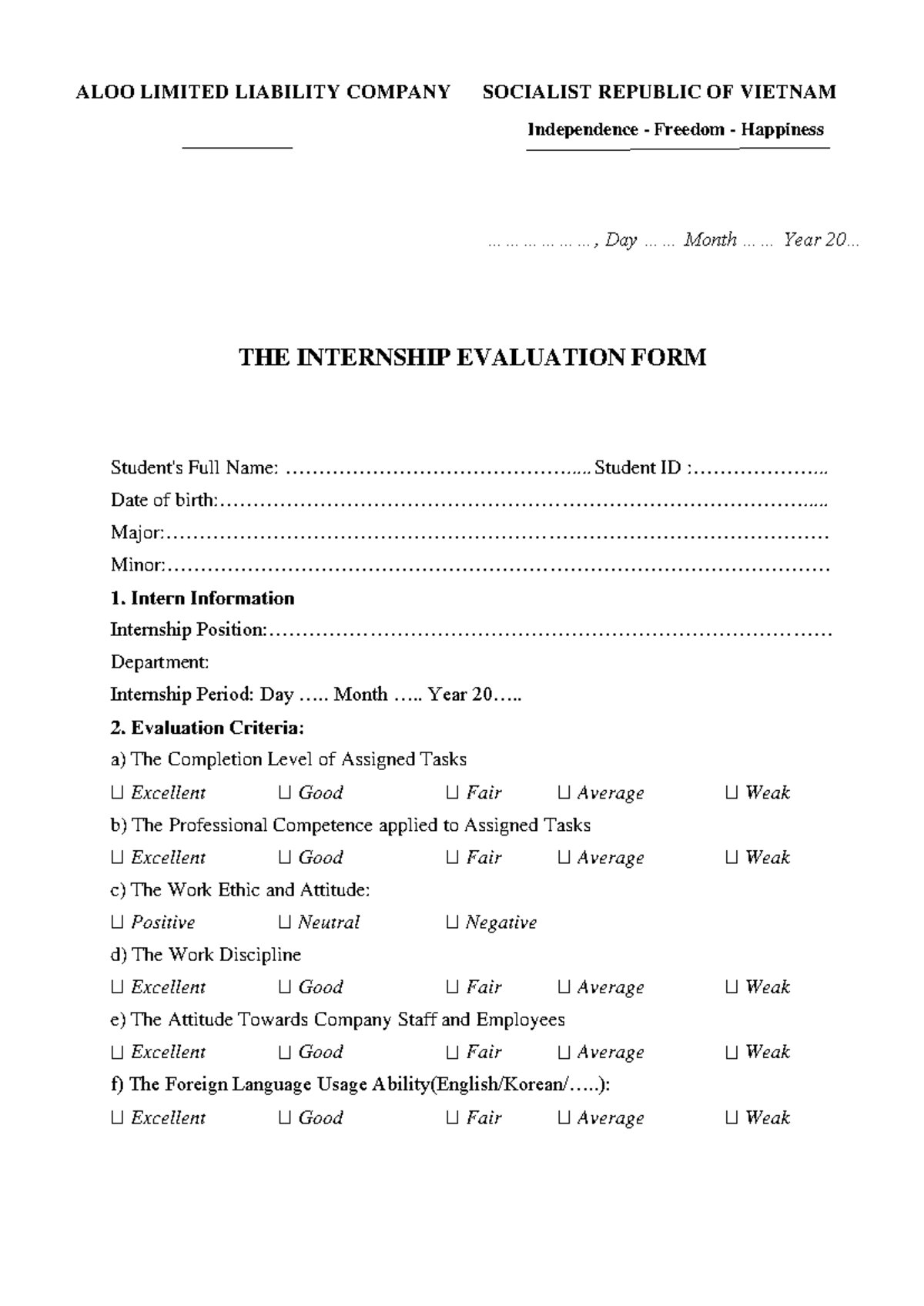 Internship Evaluation Form - ALOO LLC, Vietnam - Studocu