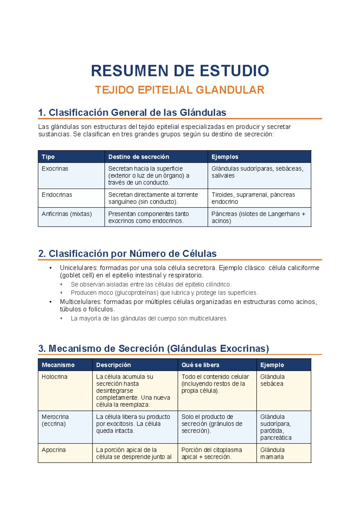 Resumen de Estudio: Tejido Epitelial Glandular - Medicina Humana - Studocu