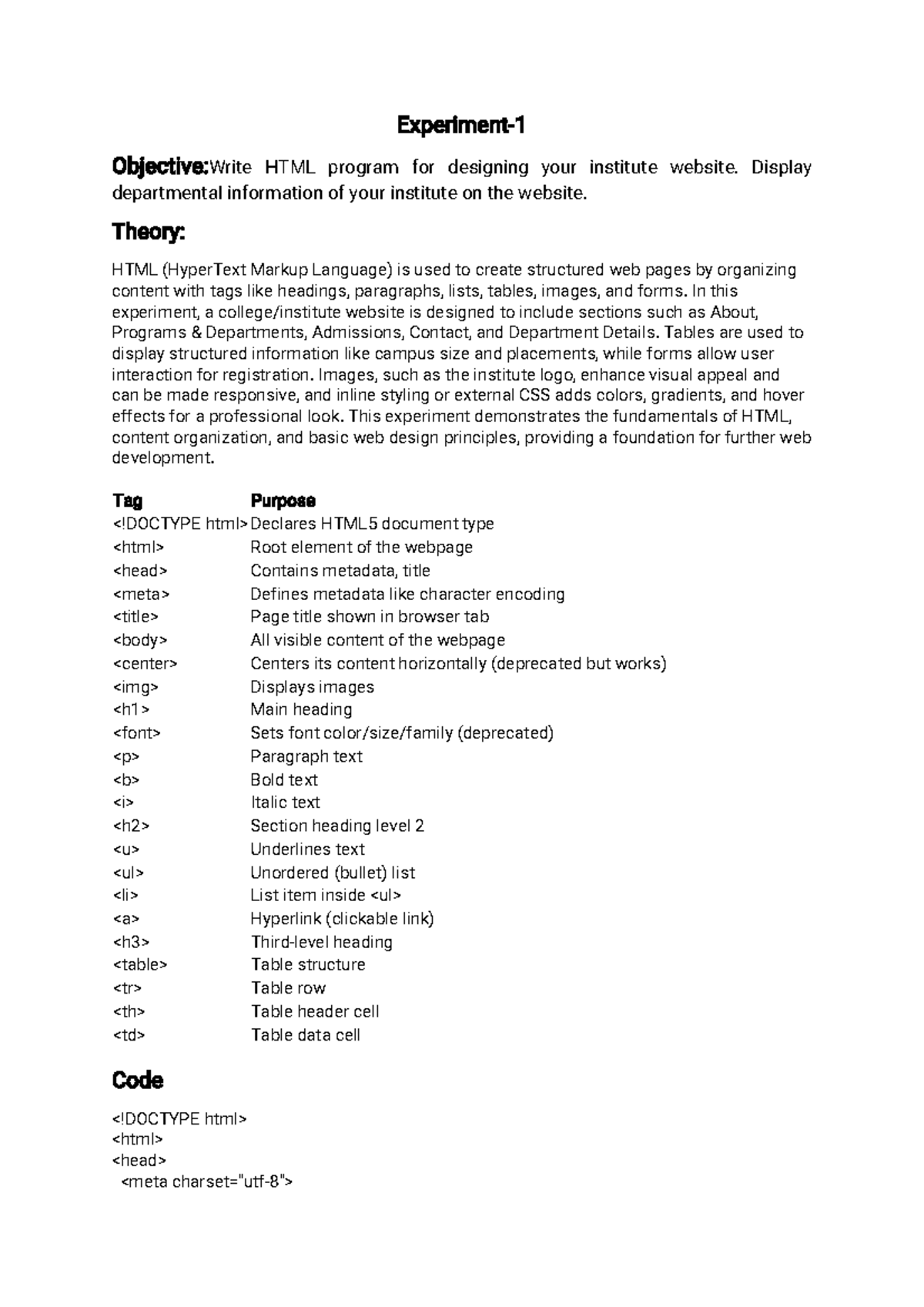 HTML Program for Designing Institute Website - Web Development N/A ...