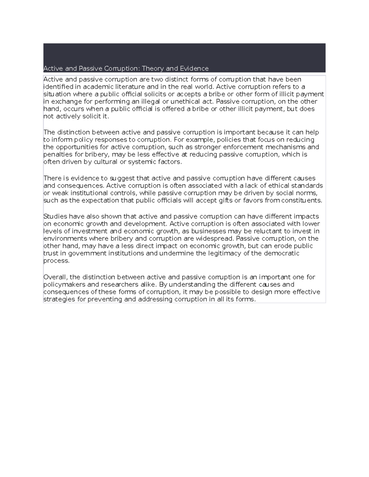 Active and Passive Corruption: Theory, Evidence & Policy Implications ...