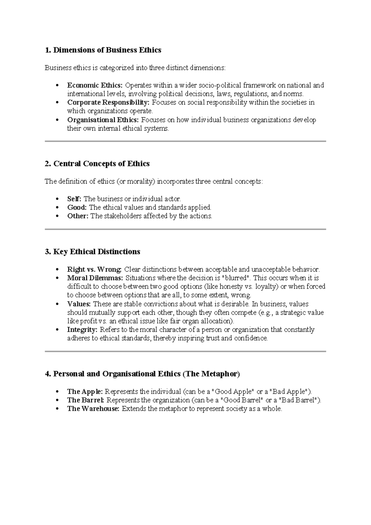 EOEC UNIT 1: Summary of Business Ethics Dimensions and Concepts - Studocu