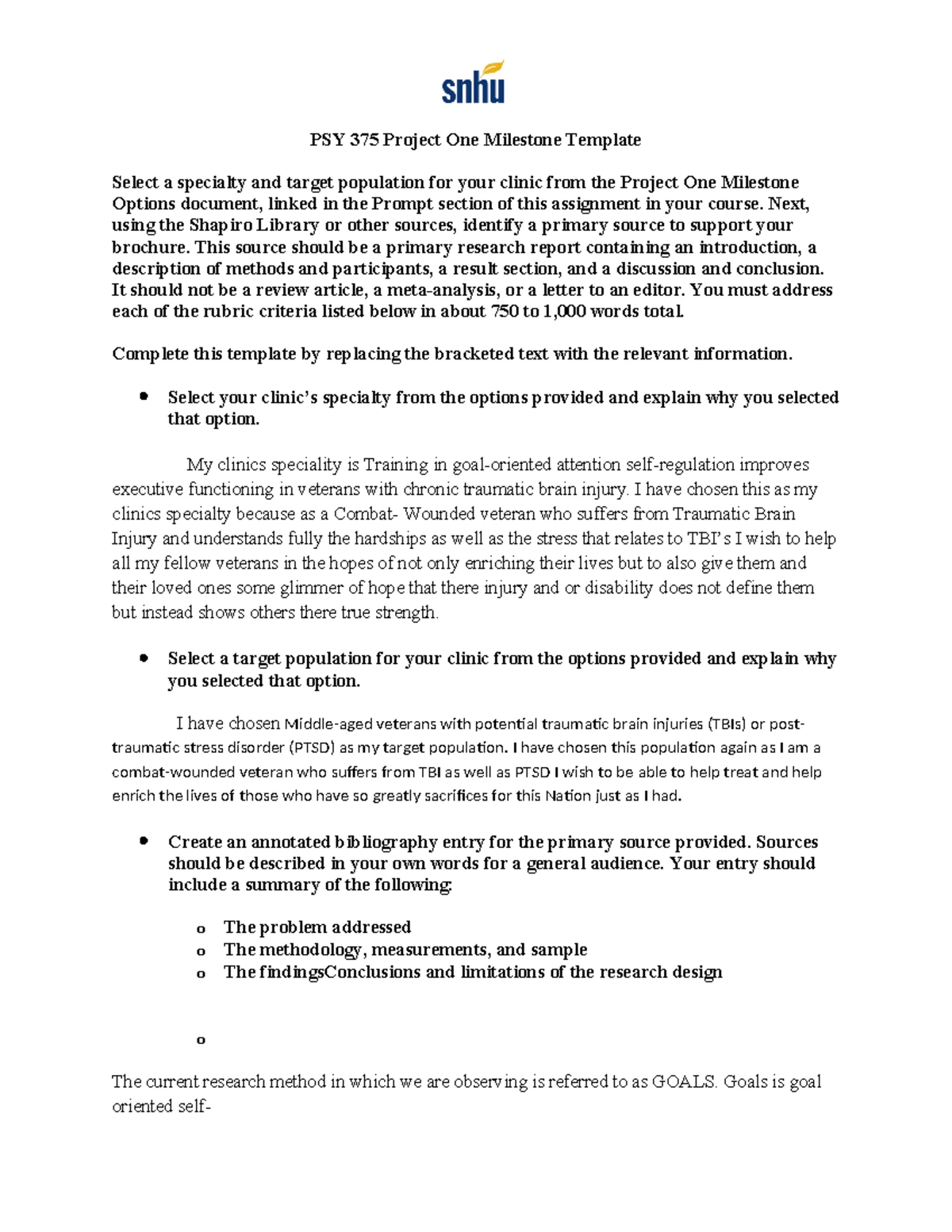 PSY 375 Project One Milestone - Next, using the Shapiro Library or ...