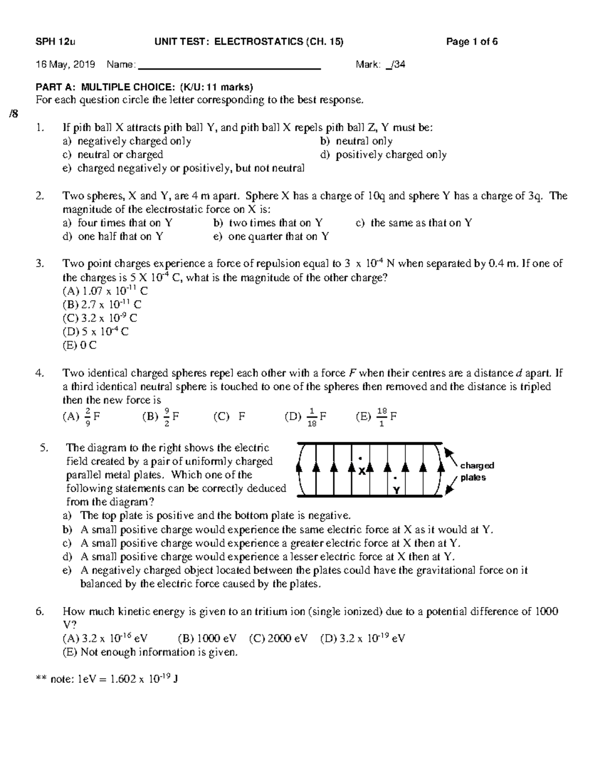 Electrostatics Test (May 2019) - Comprehensive Review and Solutions ...