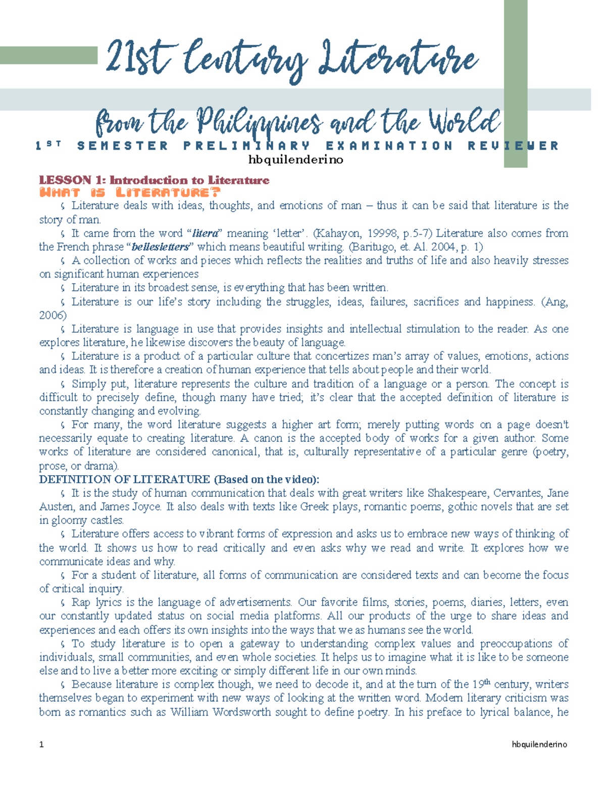 Litphw S1-E1 - Grade 12 1st Sem Literature Exam Reviewer - Studocu