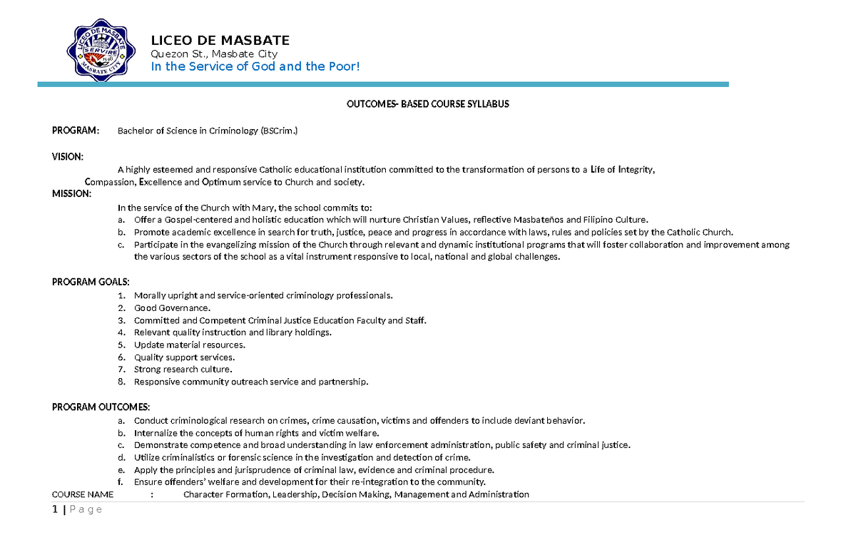 CFLM-2: Character Formation, Leadership & Management Course Syllabus ...
