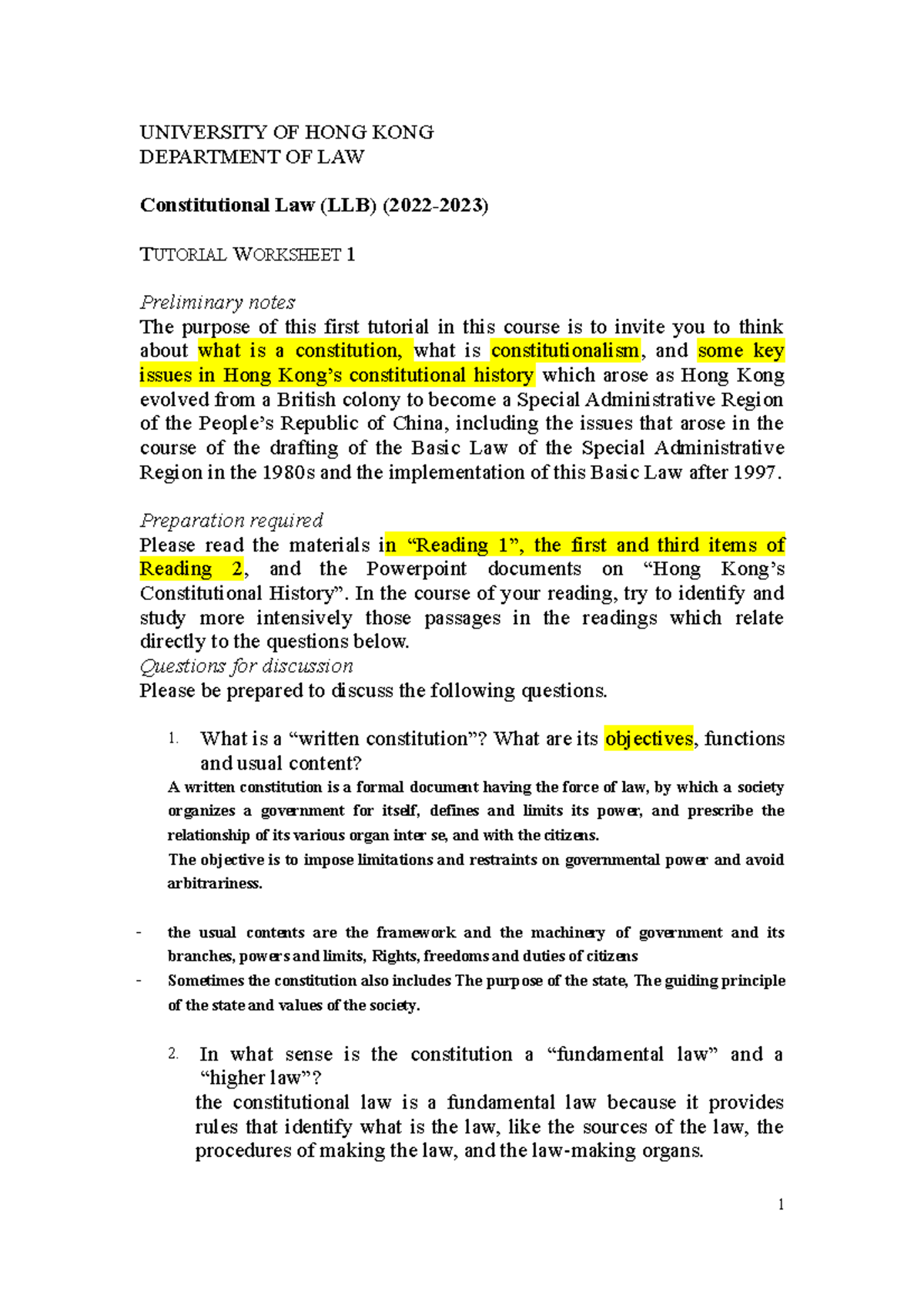 Constitutional Law LLB: Tutorial Worksheet 1 - Key Concepts & Issues ...