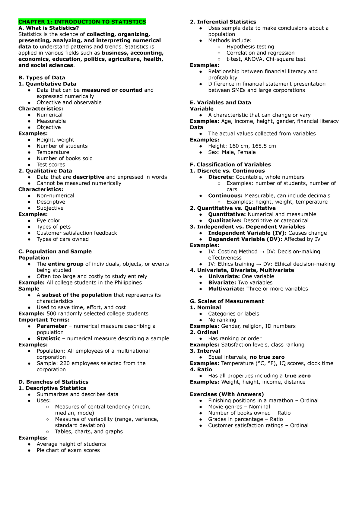 Stats 101 Midterm Reviewer: Chapters 1-3 Overview - Studocu