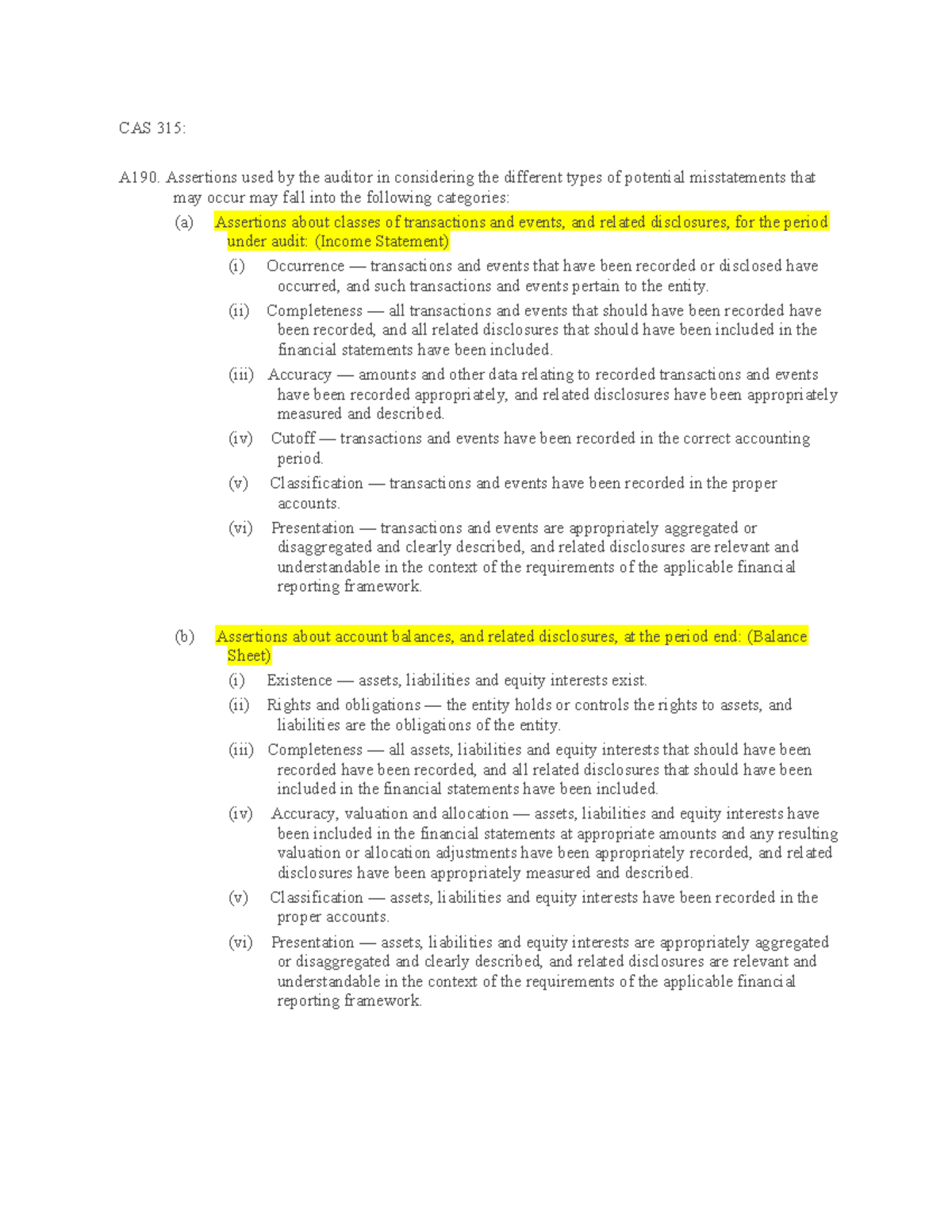 CAS 315 - Key Audit Assertions and Their Implications - Studocu