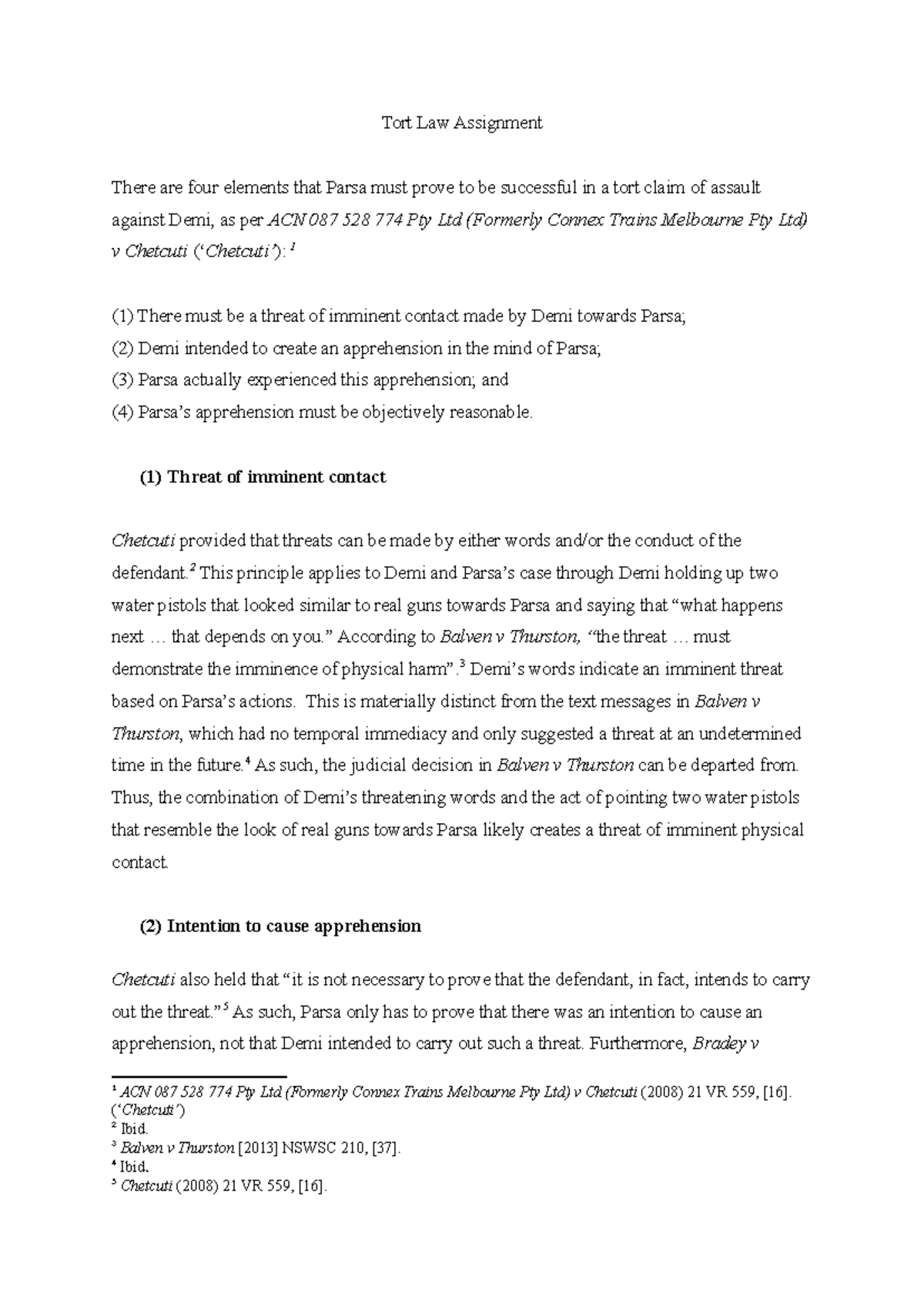 Tort Law Assignment: Proving Assault Elements in Case Study - Studocu