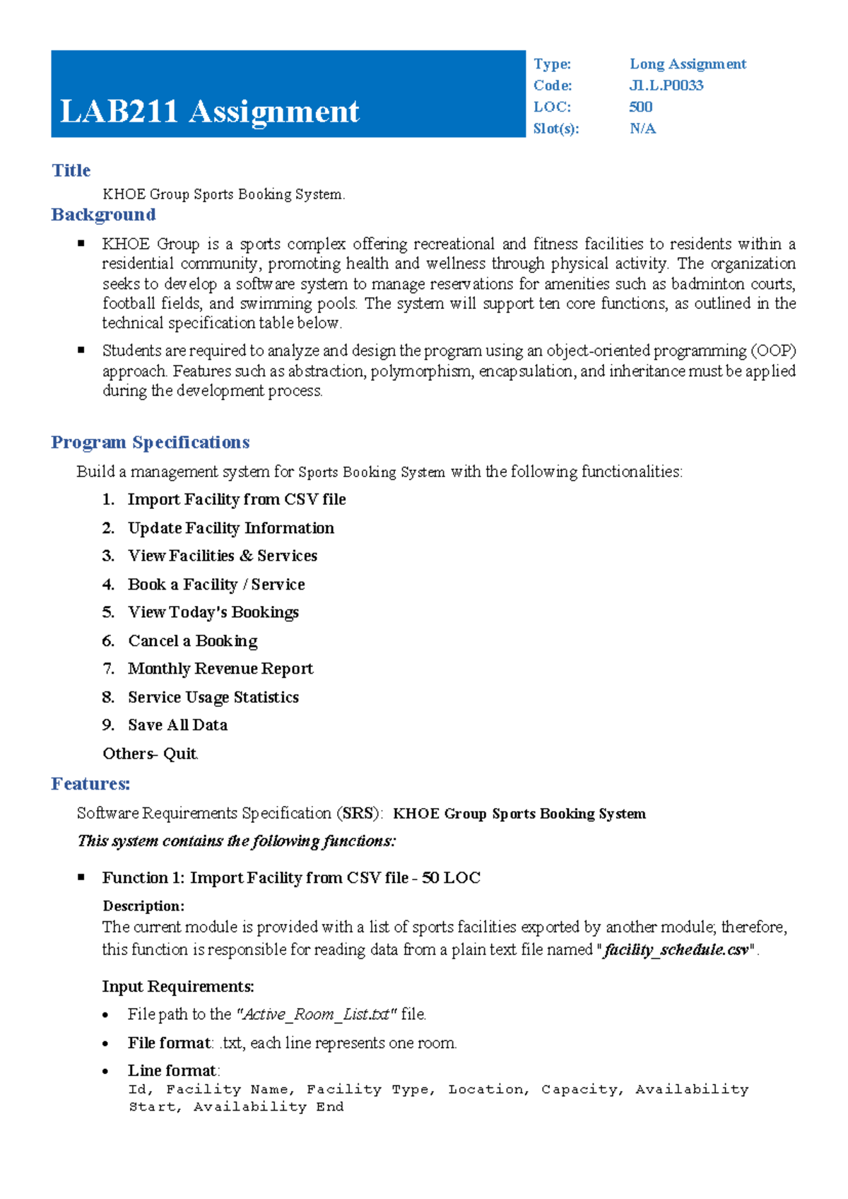 LAB211 Long Assignment: KHOE Group Sports Booking System Design - Studocu