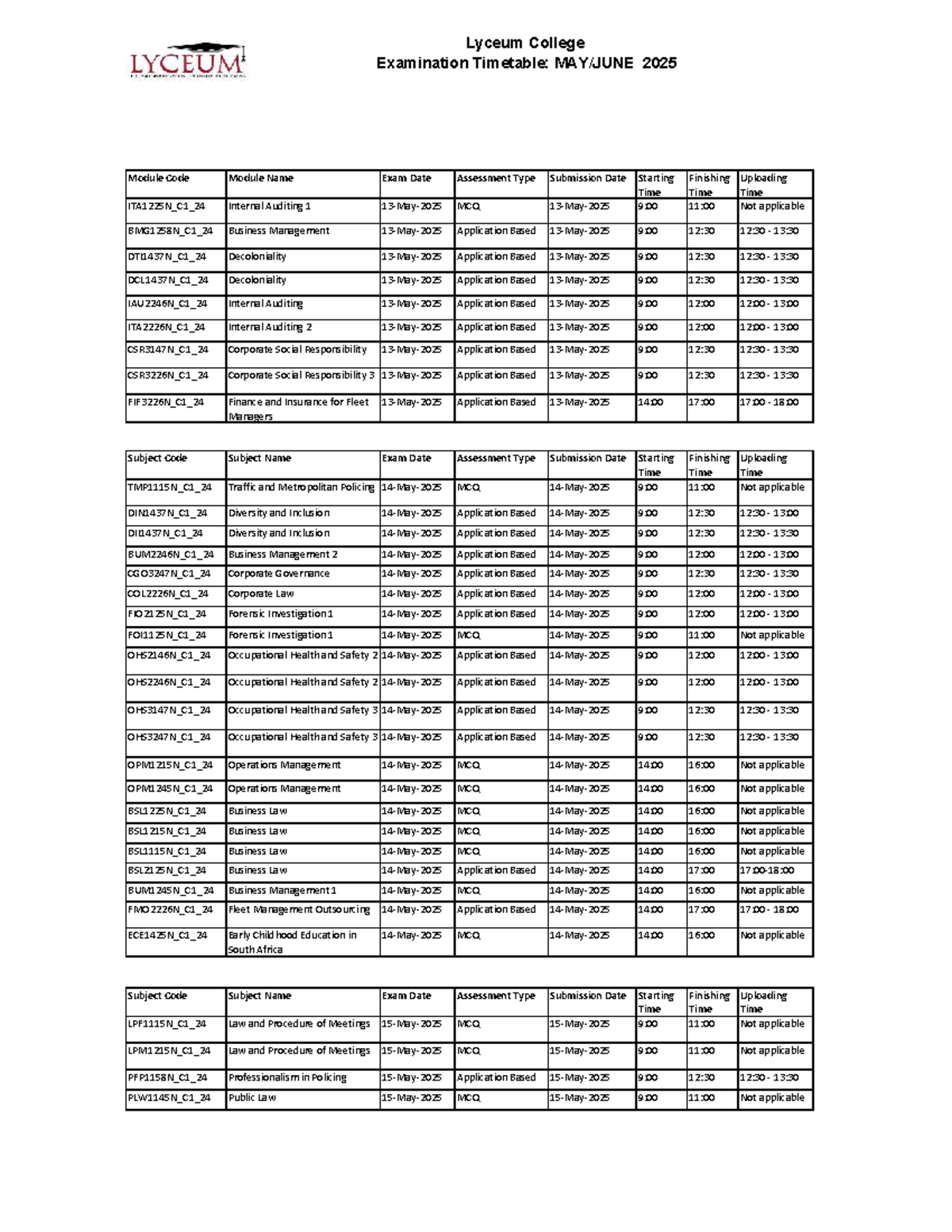 Lyceum College May 2025 Examination Timetable with Module Codes - Studocu