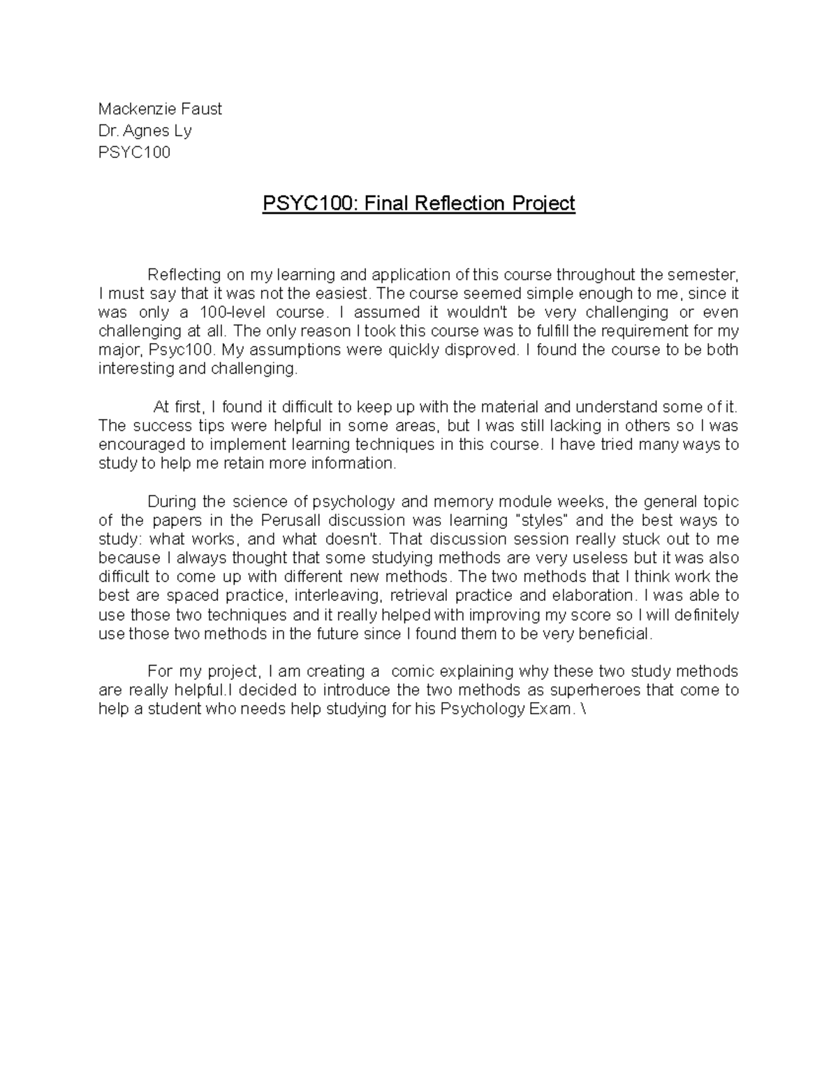 PSYC100: Final Reflection Project on Learning Techniques - Studocu