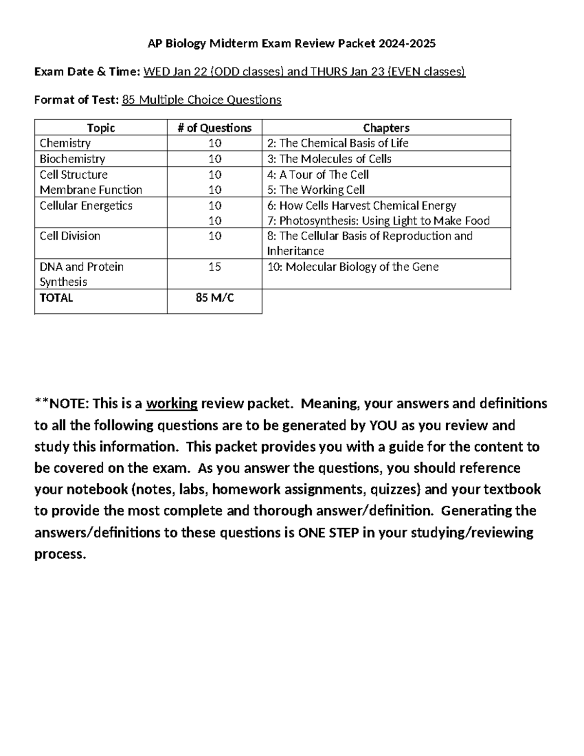 AP Biology Midterm Exam Review Packet (2024-2025) - Studocu