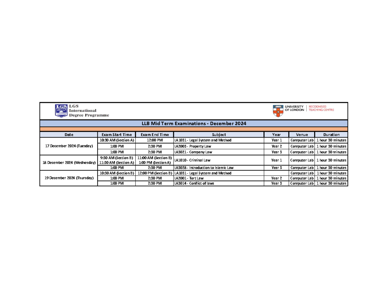Datesheet for Midterm Updated - Date Exam Start Time Exam End Time ...