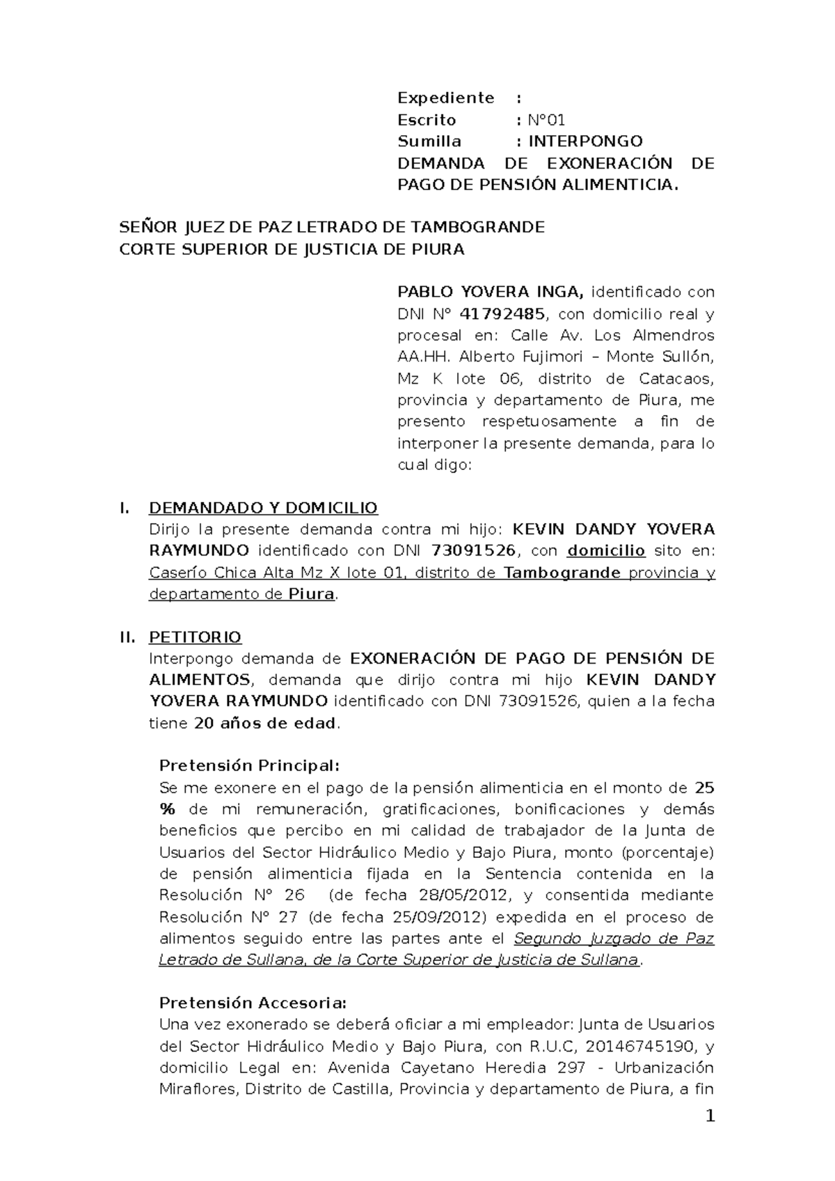 Demanda de Exoneración de Pensión Alimenticia - Caso Pablo Yovera Inga ...