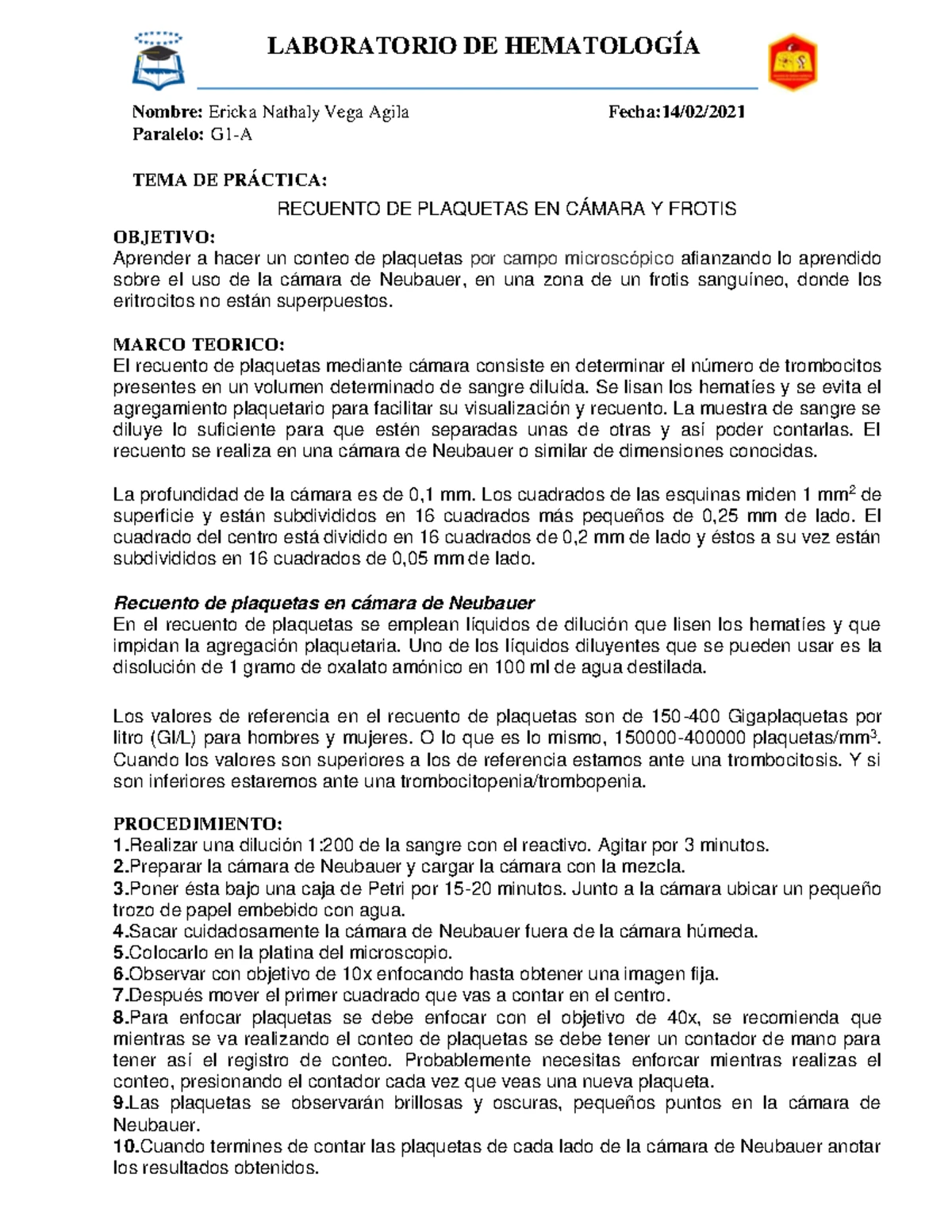 Informe 6 Recuento de leucocitos - INFORME DE LABORATORIO CARRERA DE ...