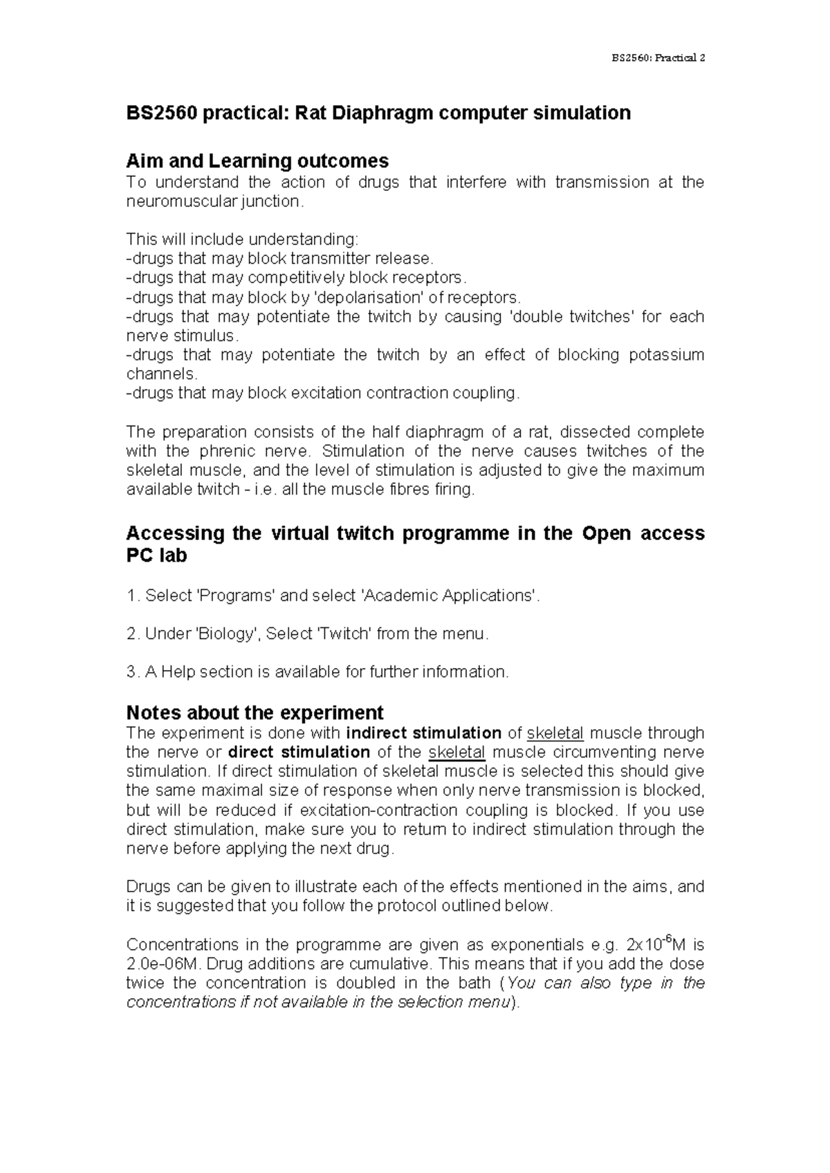 BS2560: Practical 2 - Rat Diaphragm Simulation and Drug Effects ...