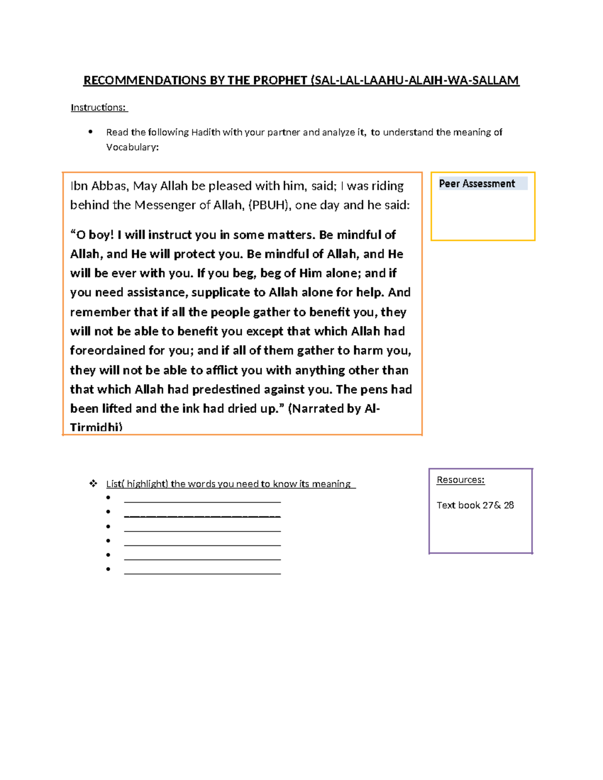 islamic worksheet - RECOMMENDATIONS BY THE PROPHET (SAL-LAL-LAAHU-ALAIH ...