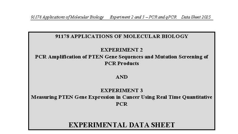 91178 Applications of Molecular Biology: PCR & qPCR Data Sheet 2025 ...