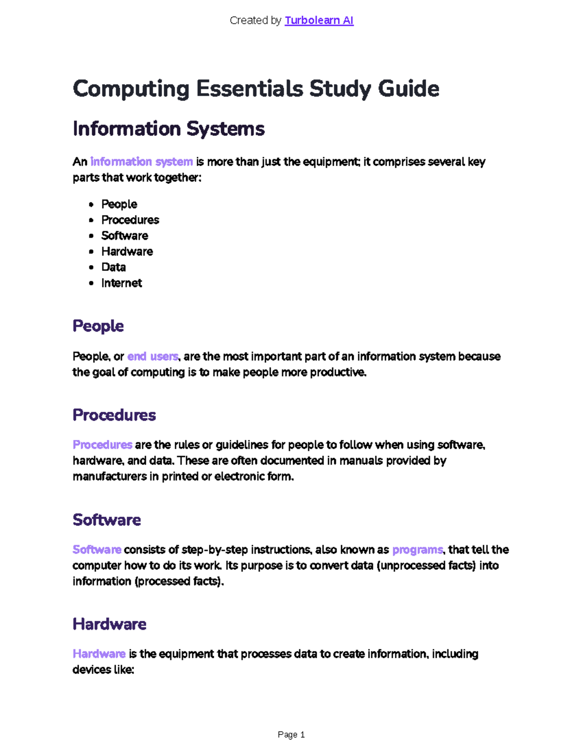 Information Systems Notes 1 - Computing Essentials Study Guide ...