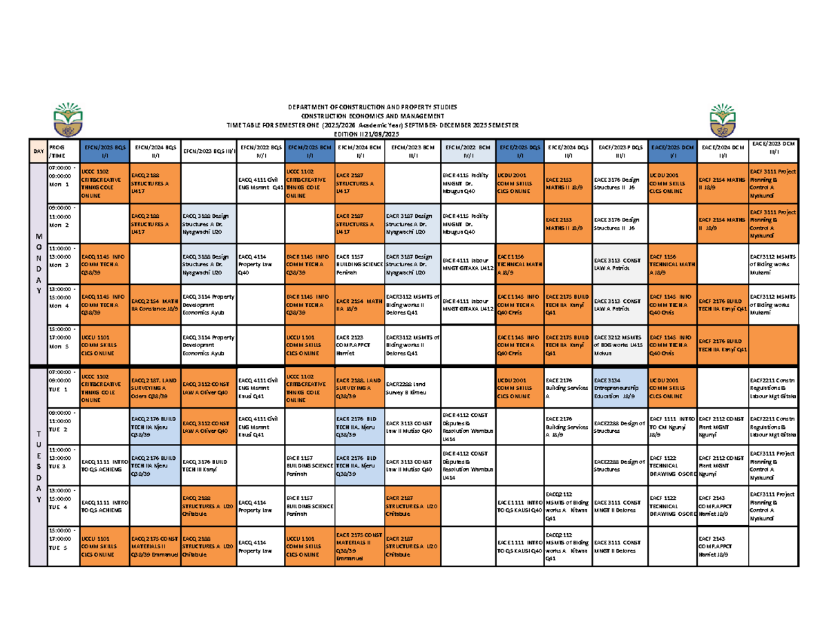 DCPS-CEM Teaching Timetable for Semester One 2025 - Studocu