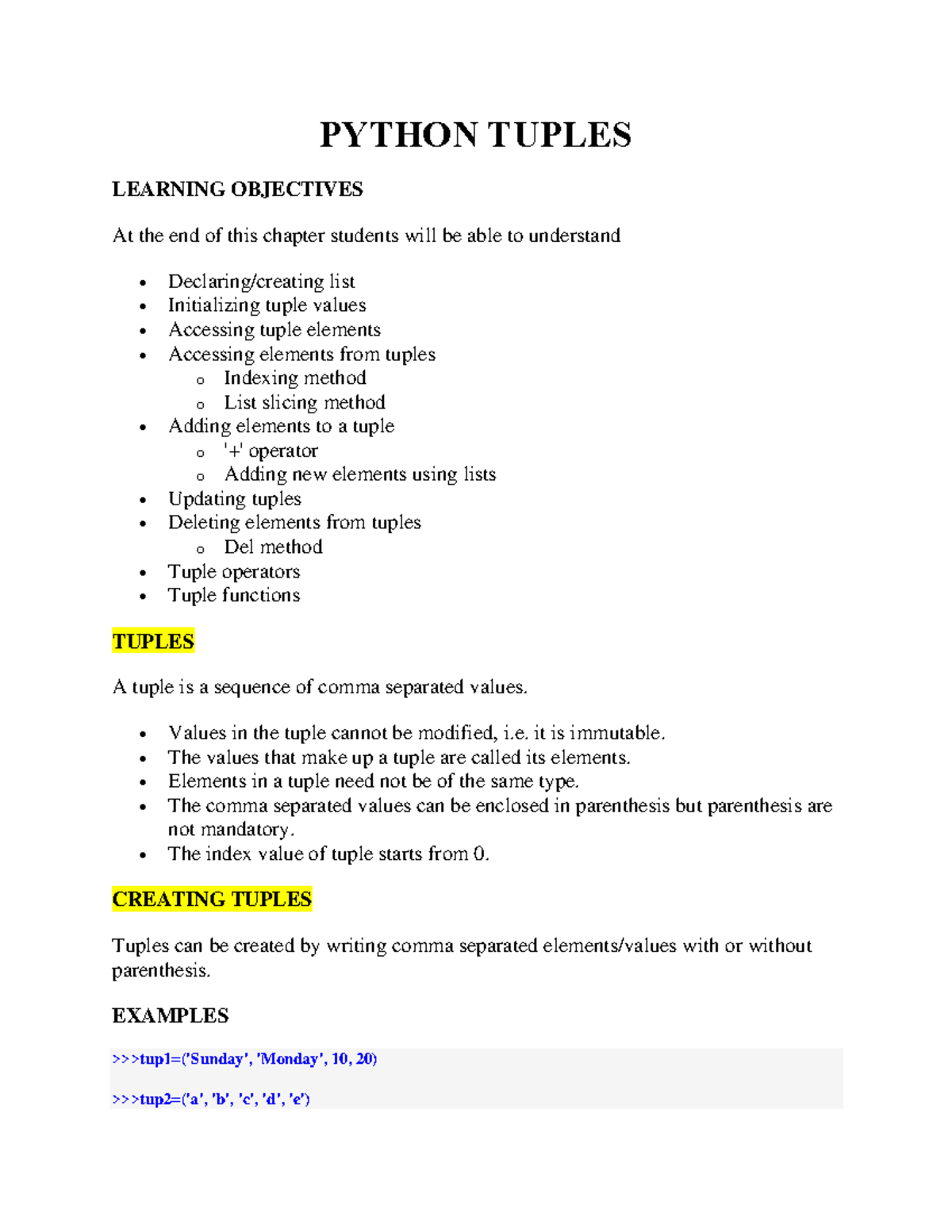 PYTHON TUPLES NOTES FOR CLASS 11 & 12 - Studocu