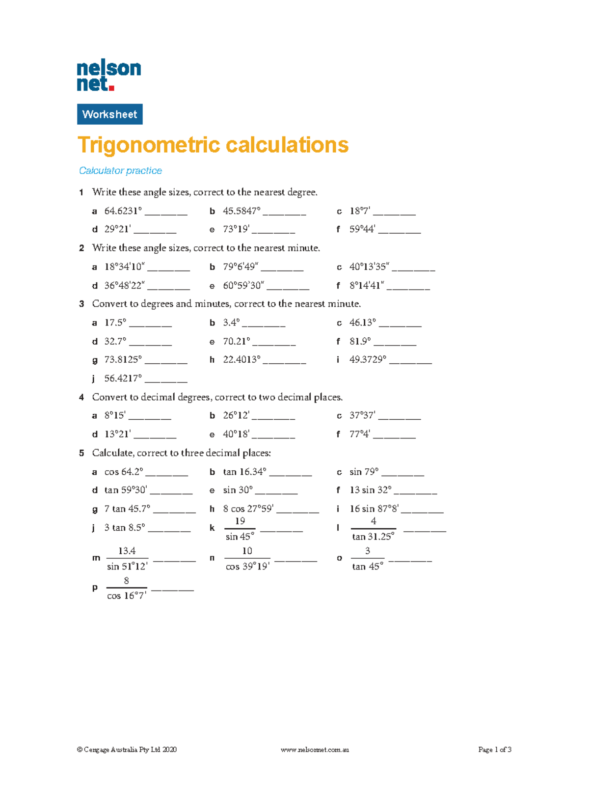 MAT09MGWK10041 - Trigonometric Calculations Worksheet - Studocu