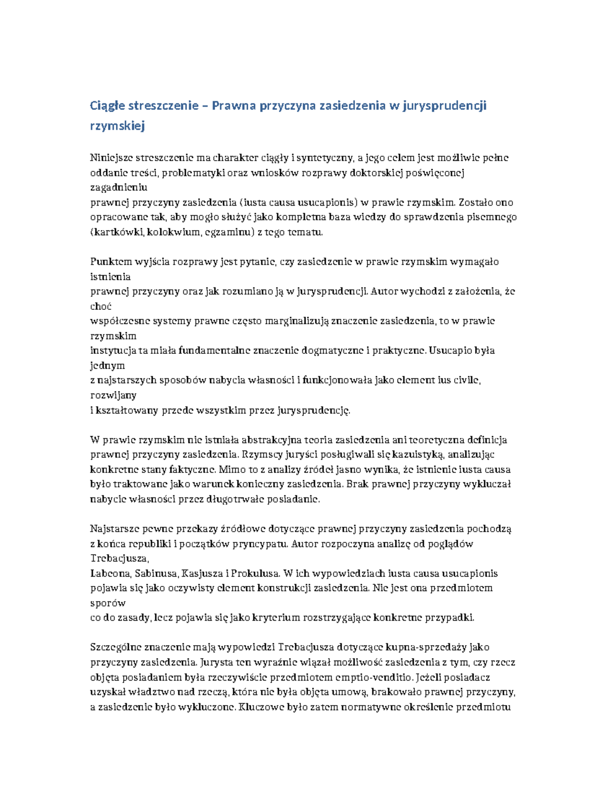 Ciągłe streszczenie: Prawna przyczyna zasiedzenia w prawie rzymskim ...