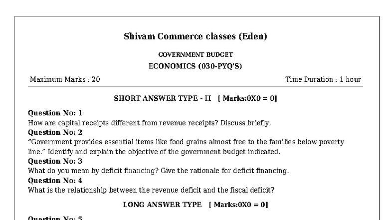 Economics (030) Government Budget Short Answer & Long Answer PYQs - Studocu