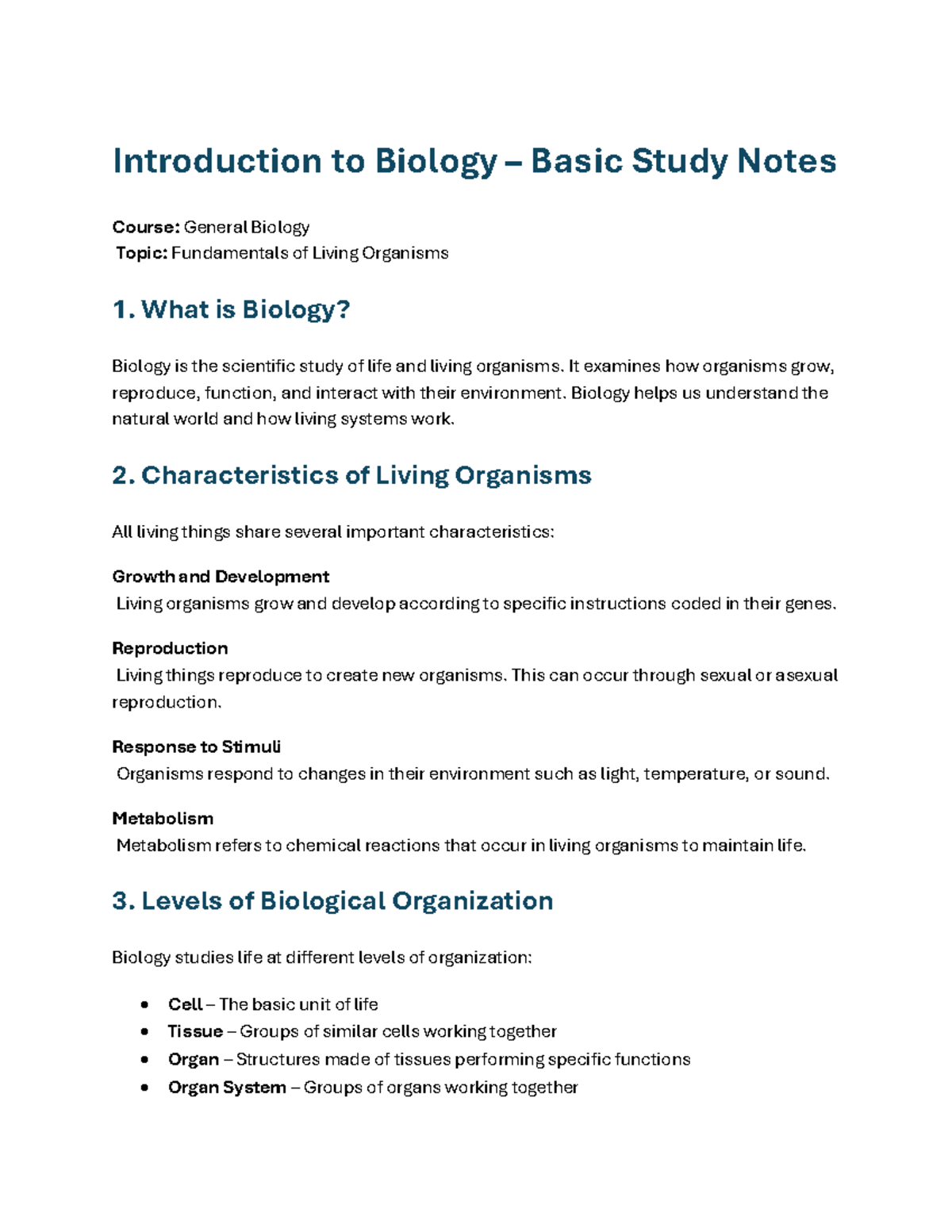 General Biology: Fundamentals of Living Organisms Study Notes - Studocu