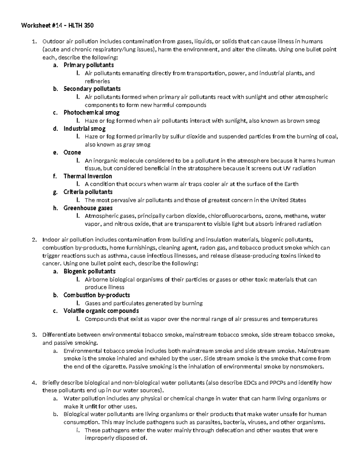 HLTH 350 - Worksheet 14: Air & Water Pollution Quiz Aid - Studocu
