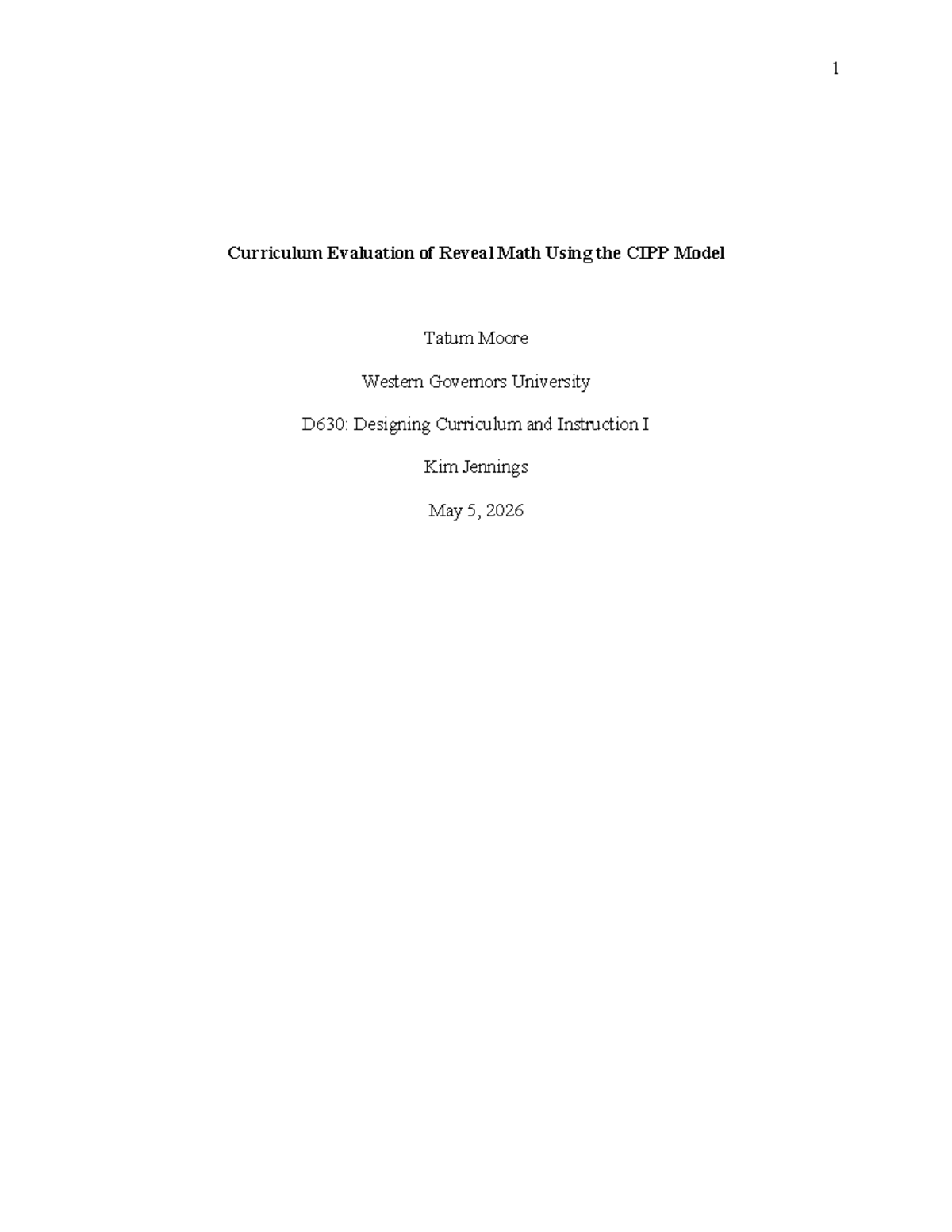 D630: Curriculum Evaluation of Reveal Math Using CIPP Model - Studocu