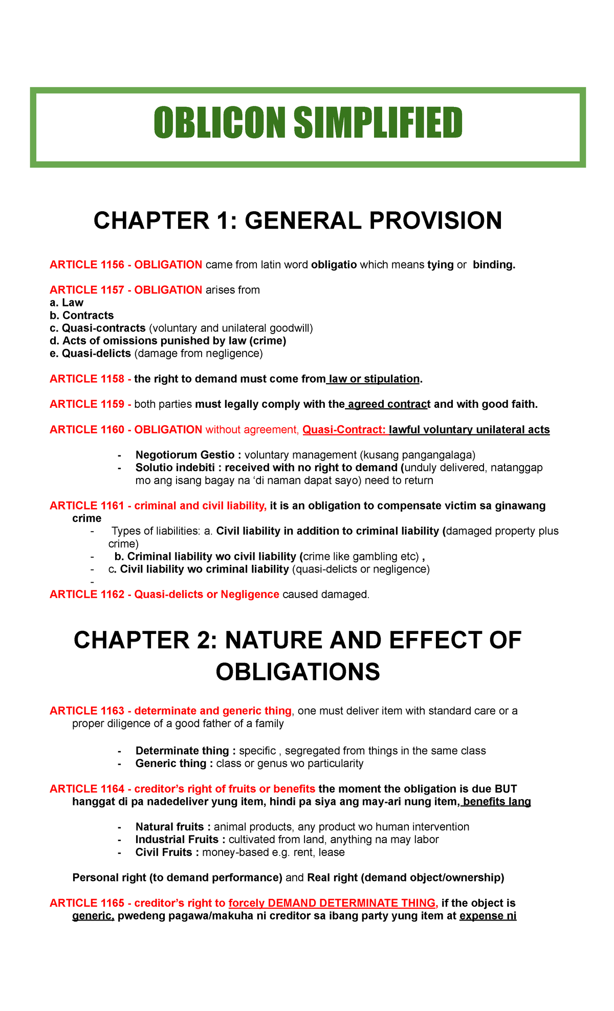 Oblicon-simplified - Reviewer - CHAPTER 1: GENERAL PROVISION ARTICLE ...