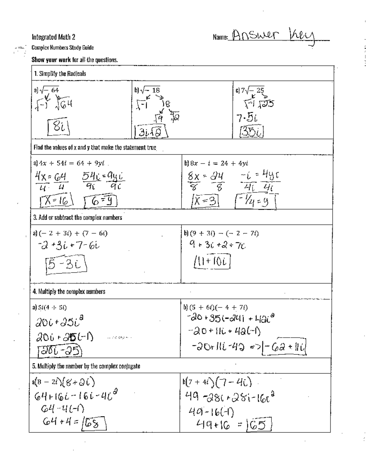 Integrated Math 2: Complex Numbers Study Guide Answer Key - Studocu