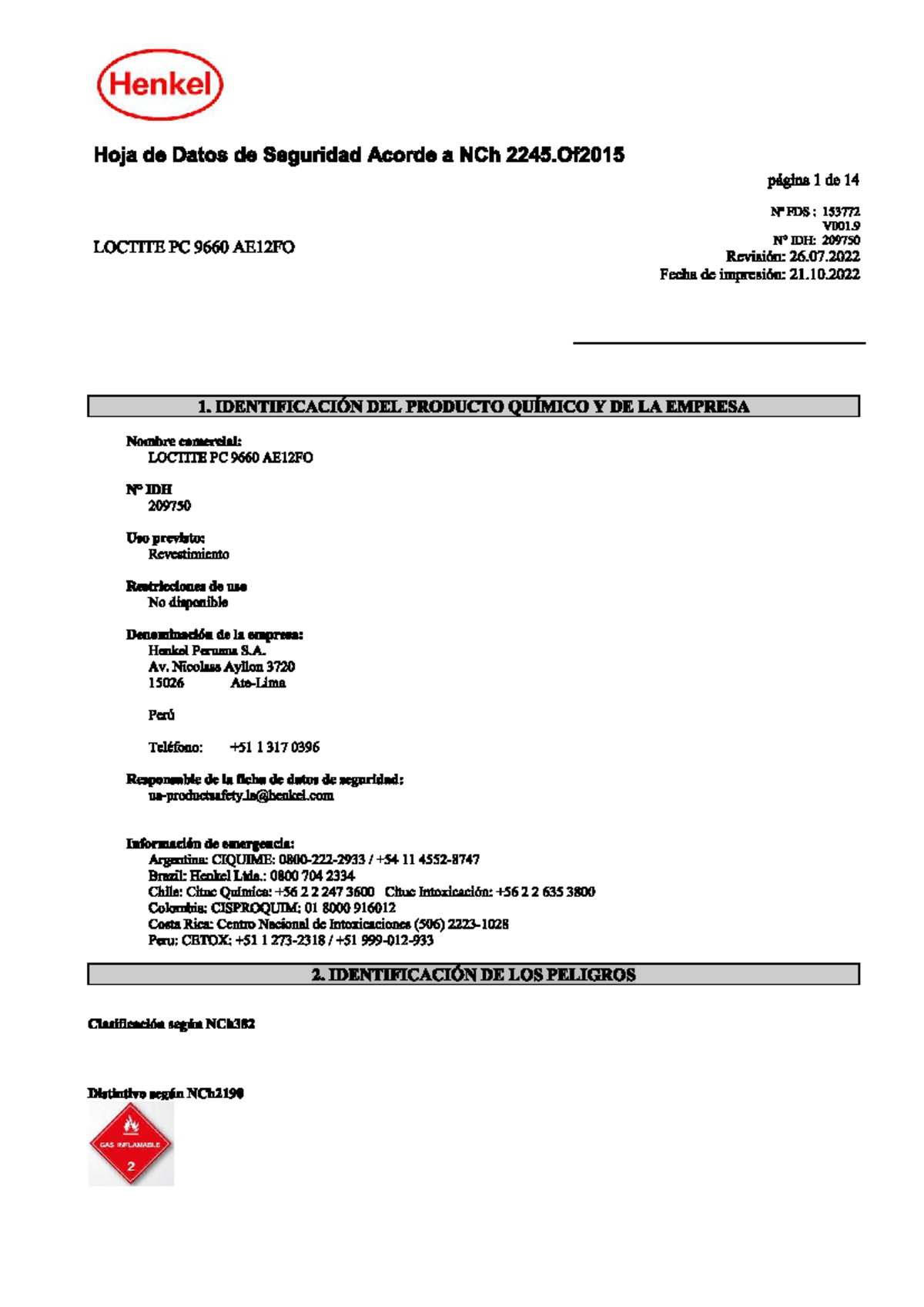 FDS 153772 V001: Hoja de Datos de Seguridad LOCTITE PC 9660 AE12FO ...