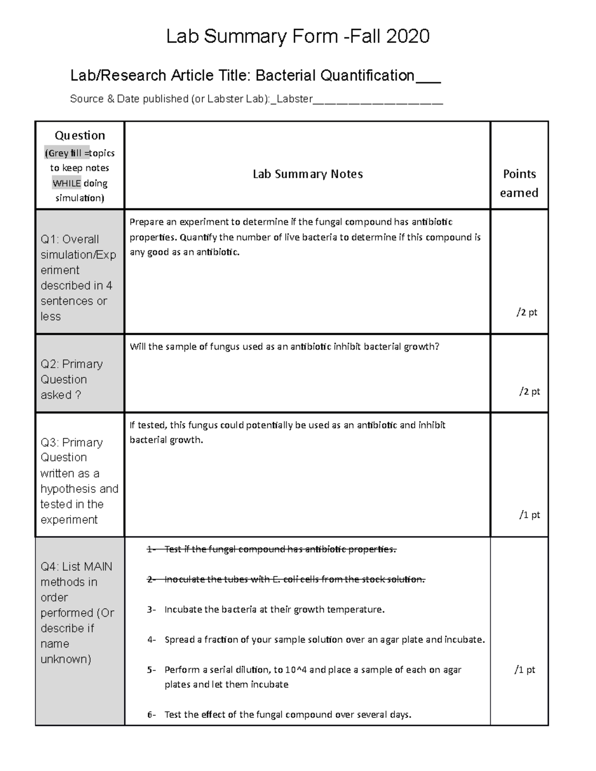 Bacterial quantification - Lab Summary Form -Fall 2020 Lab/Research Article Title: Bacterial ...