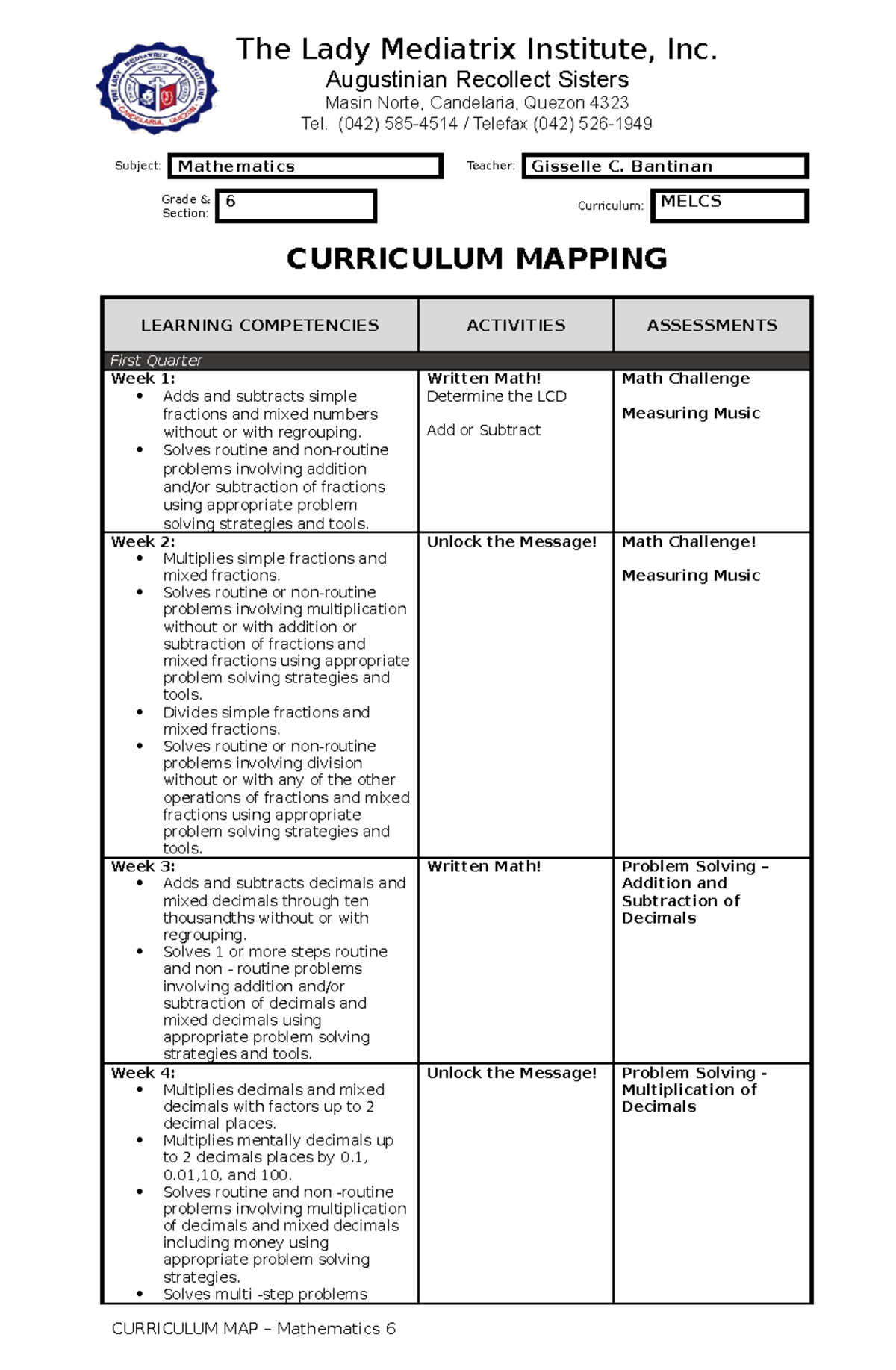 Curriculum MAP for Mathematics 6 - Detailed Mapping Plan - Studocu