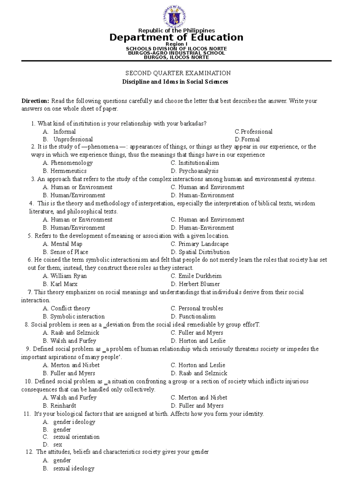 11th Grade Social Sciences 1st Quarter Exam - DISS - Studocu