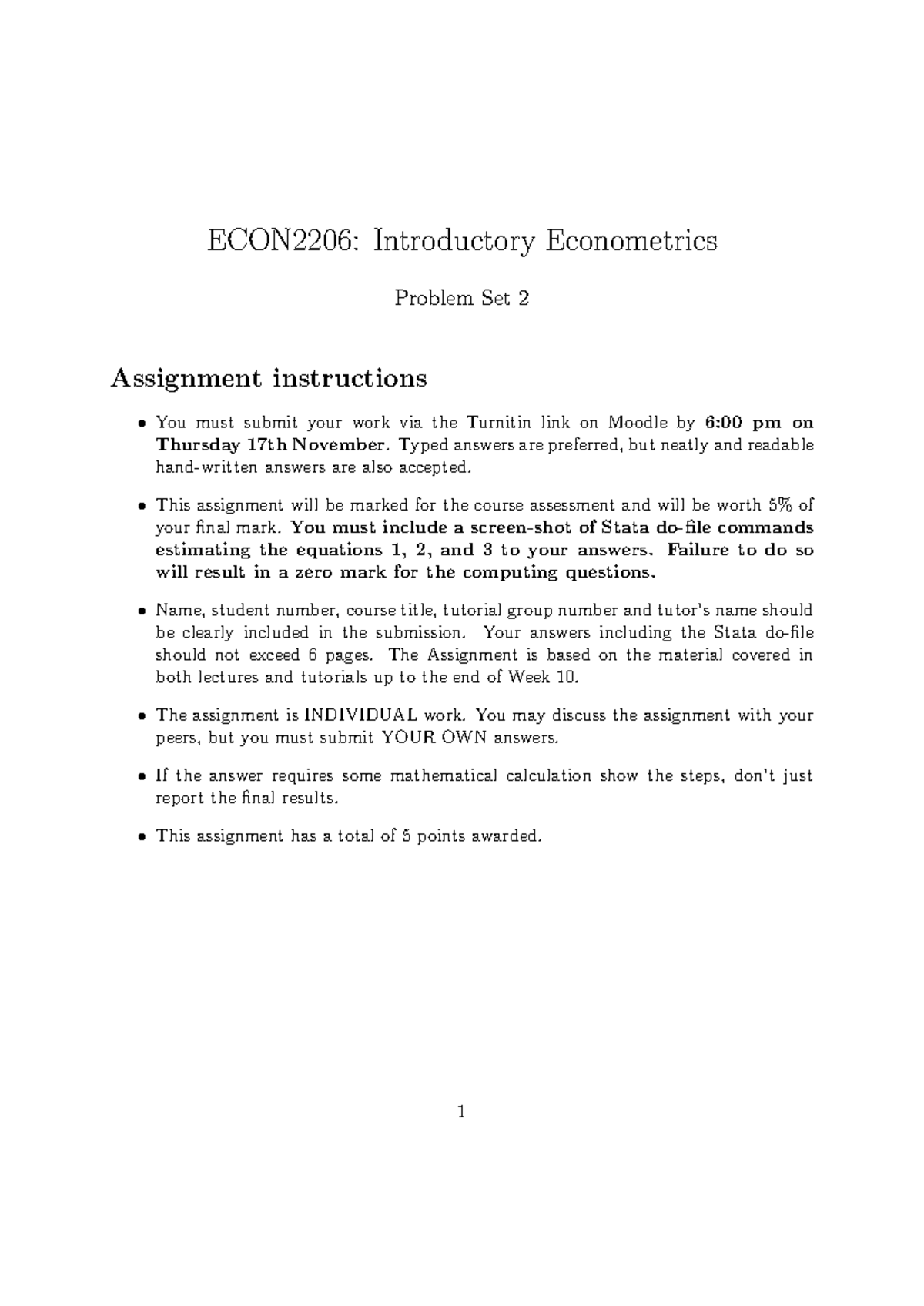 Assignment 2 - problem set 2 - ECON2206: Introductory Econometrics ...